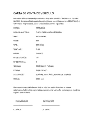 Carta de venta de vehiculo | DOCX