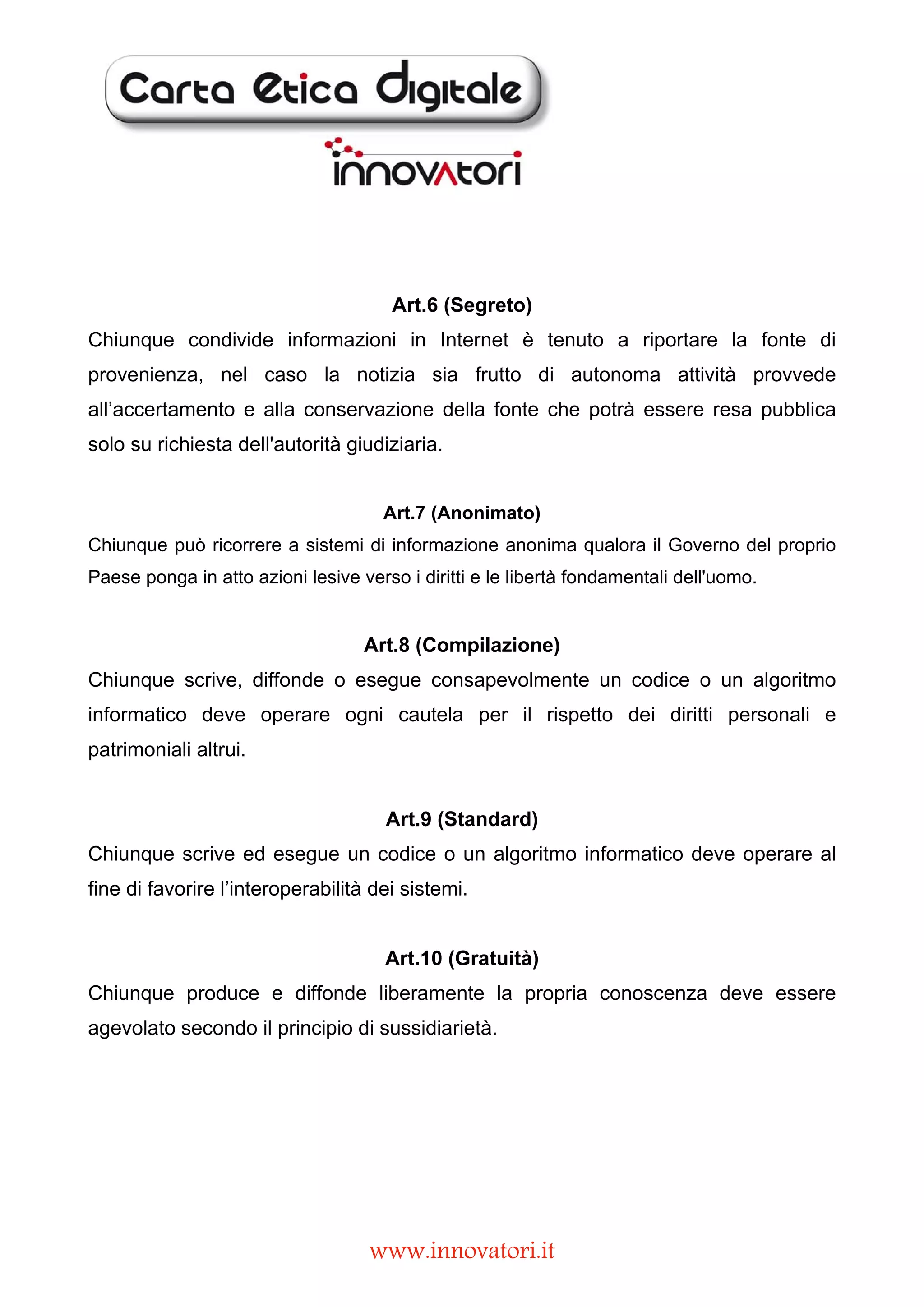 Carta Etica Digitale Approvata 25.10.09 Venezia | PDF