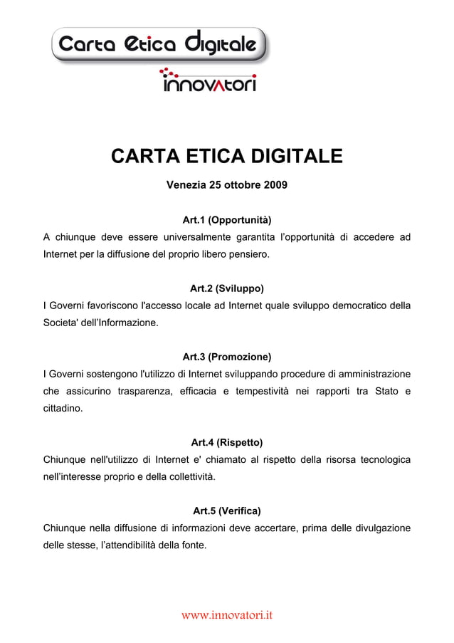 Carta Etica Digitale Approvata 25.10.09 Venezia | PDF