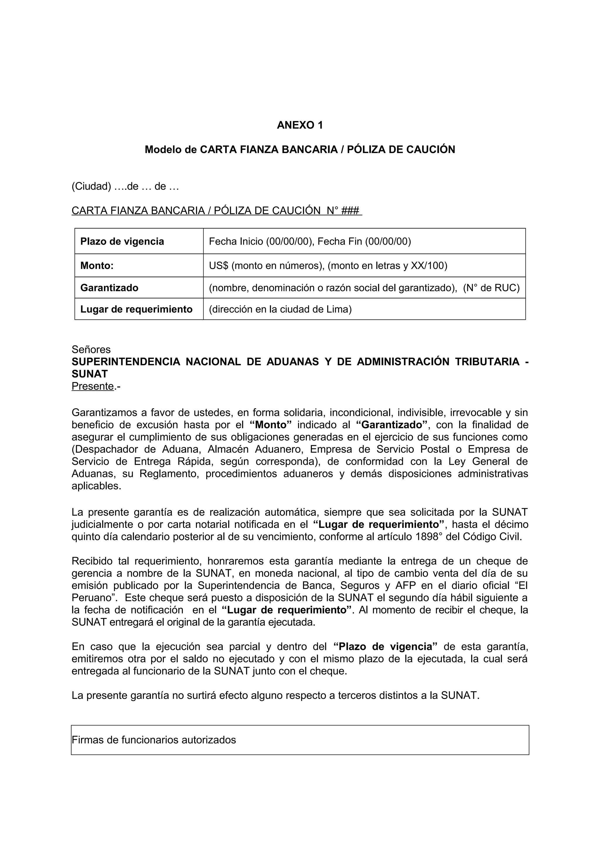 Carta fianmza modelo | DOC | Business | Business and Finance