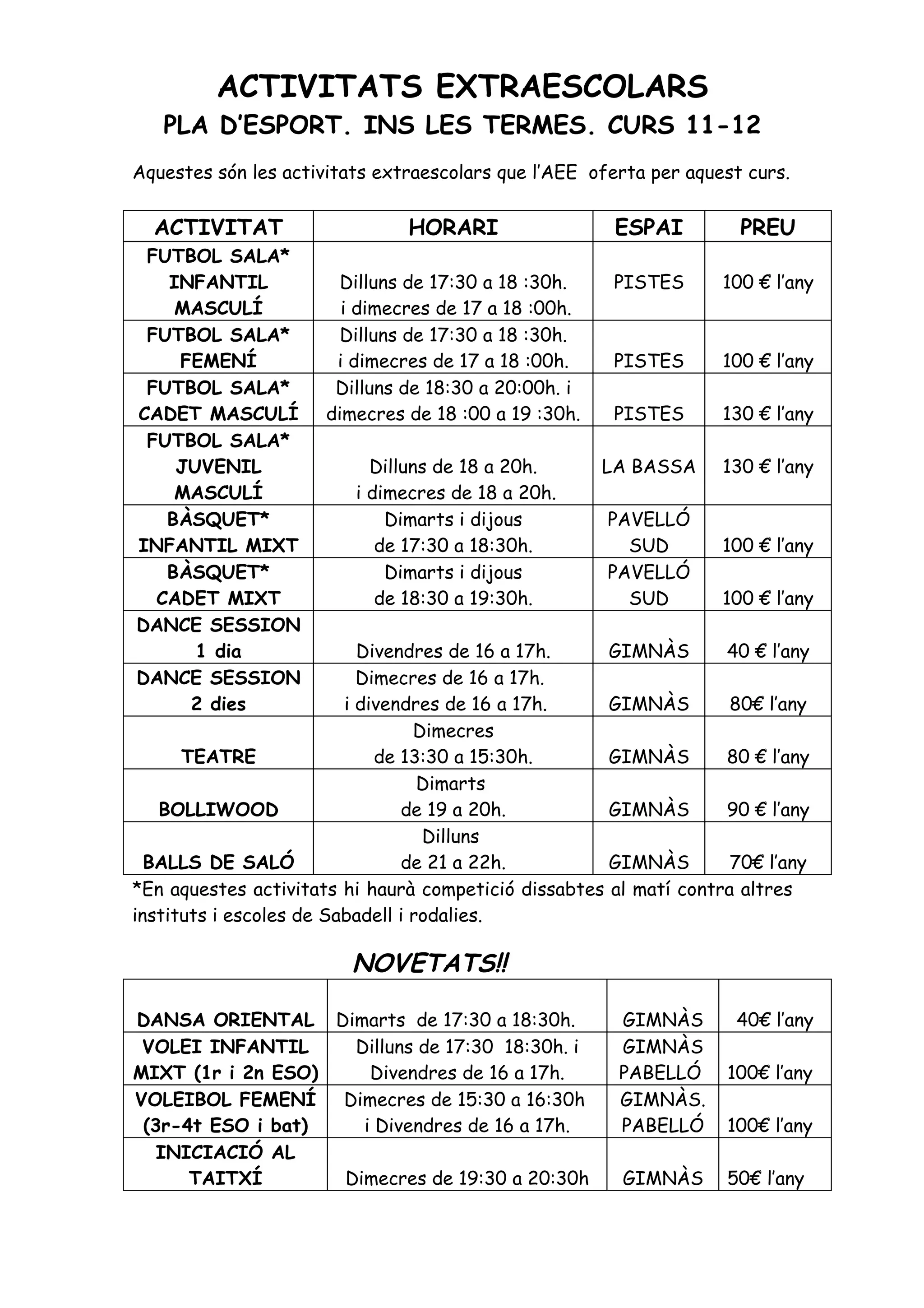 Carta informativa activitats, preus i horaris 11-12 | DOC