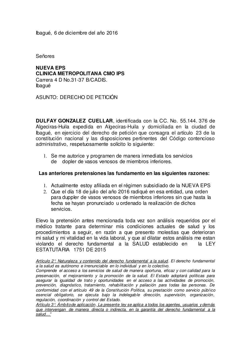 Derecho de petición Nueva EPS