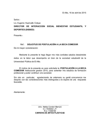 Modelo De Carta De Solicitud De Beca En Word Gratis