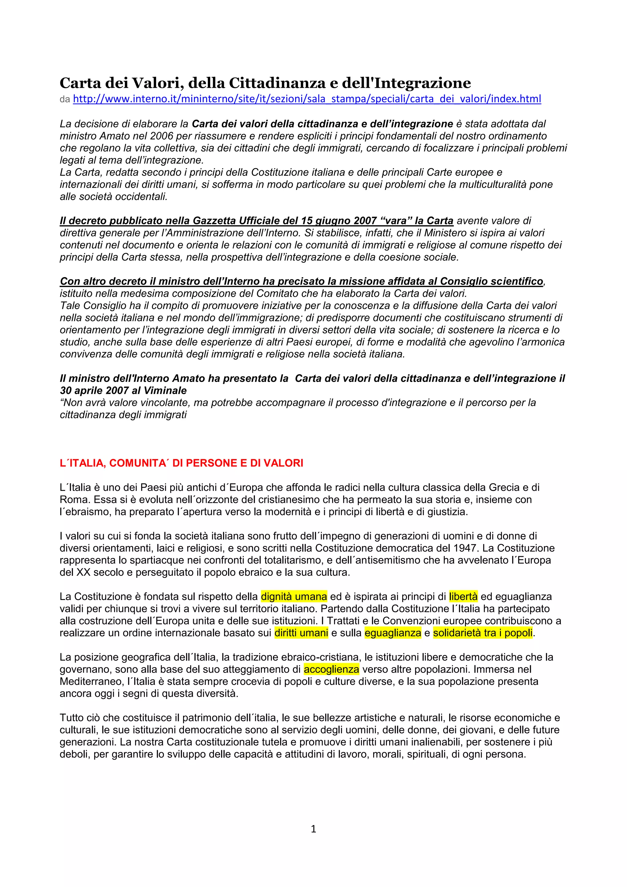 Carta valori della cittadinanza e dell'integrazione | PDF