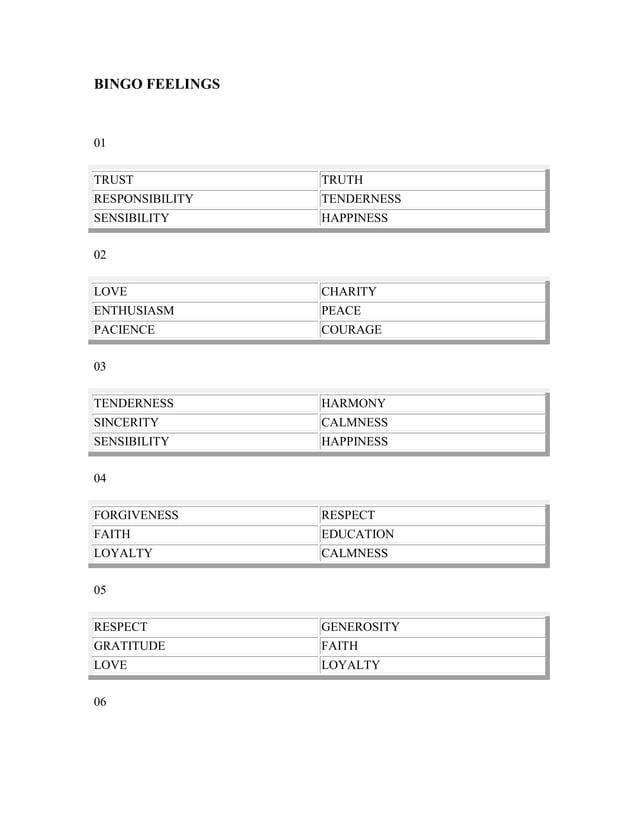 Bingo cards: Feelings | PDF