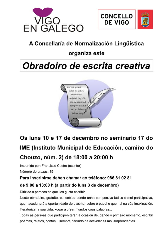 Curso de Escrita Creativa en Vigo en decembro | PDF