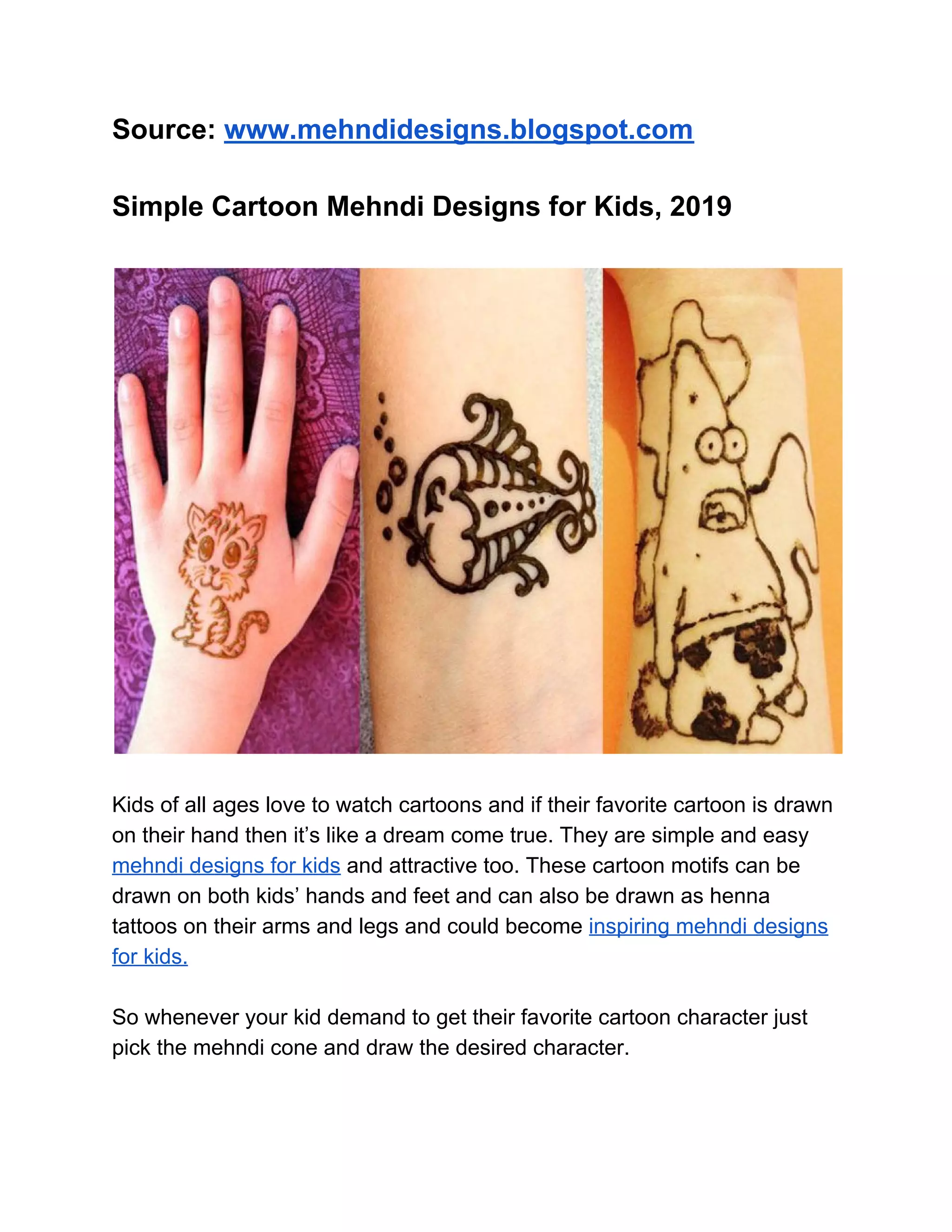 Simple Cartoon Mehndi Designs for Kids, 2019 | PDF