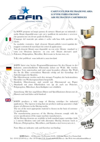 Cartucce Filtrazione aria - Catalogo Sofin | PDF
