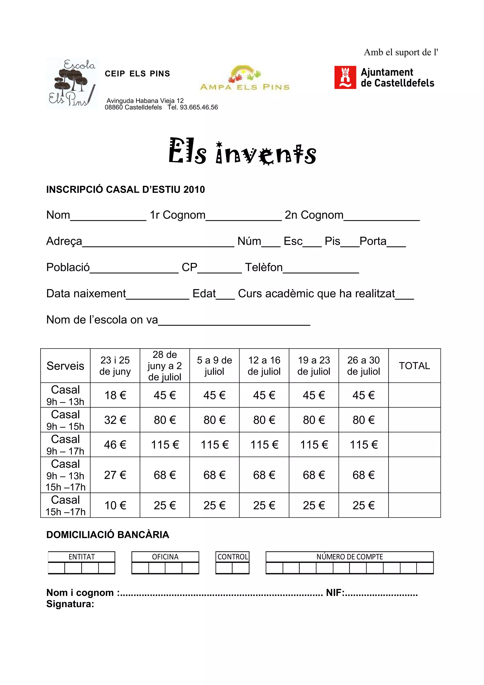 Casal 'estiu els pins 2010 triptic i inscripcio | DOC