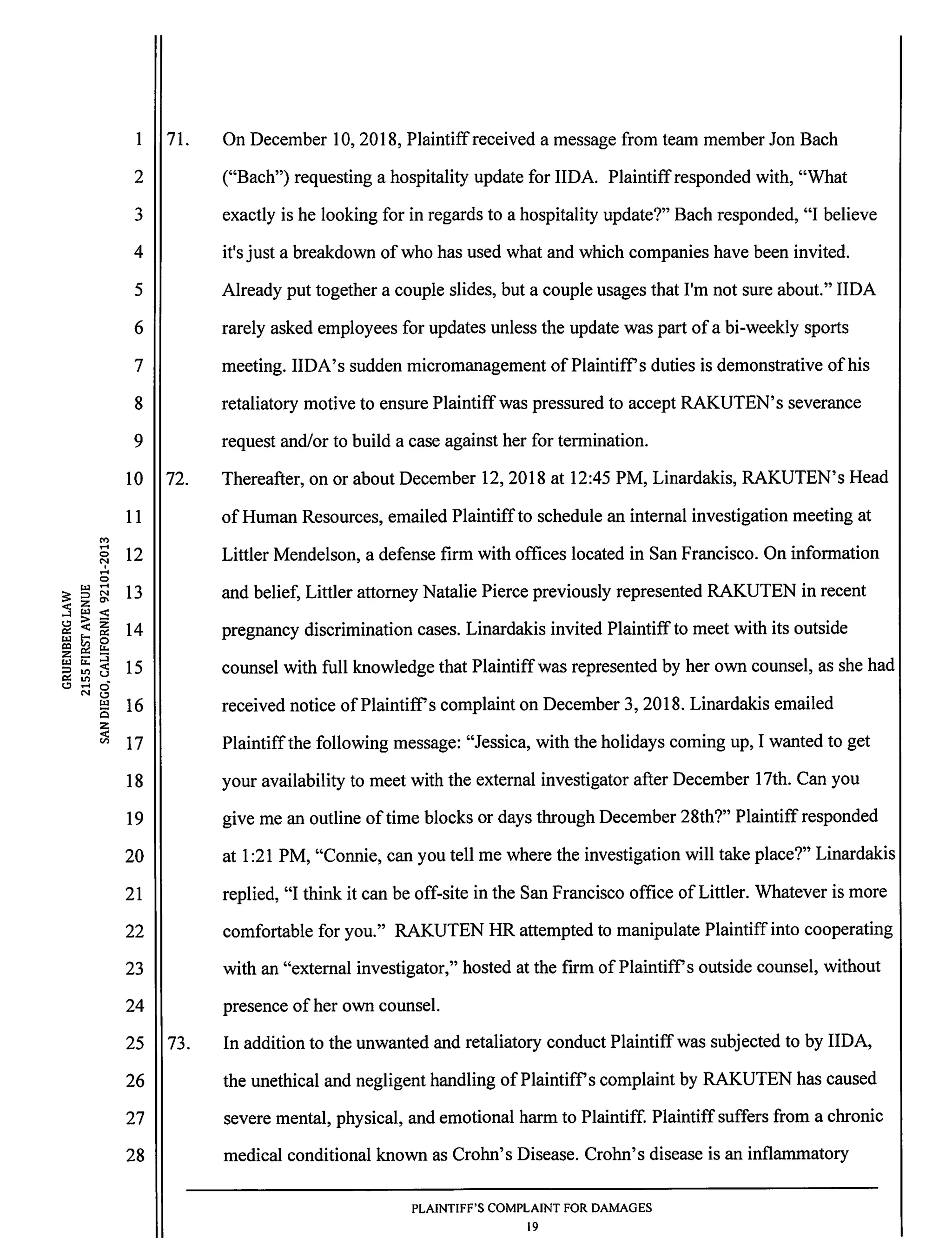 Jessica Wyman vs. Yasuhisa Yaz Iida of Rakuten USA - Sexual Harassment ...