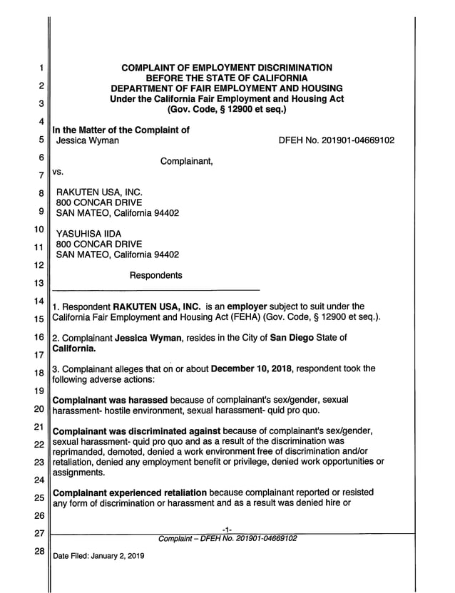 Jessica Wyman vs. Yasuhisa Yaz Iida of Rakuten USA - Sexual Harassment ...