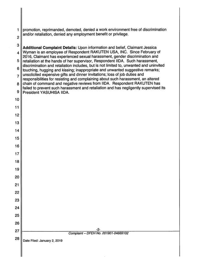Jessica Wyman vs. Yasuhisa Yaz Iida of Rakuten USA - Sexual Harassment ...