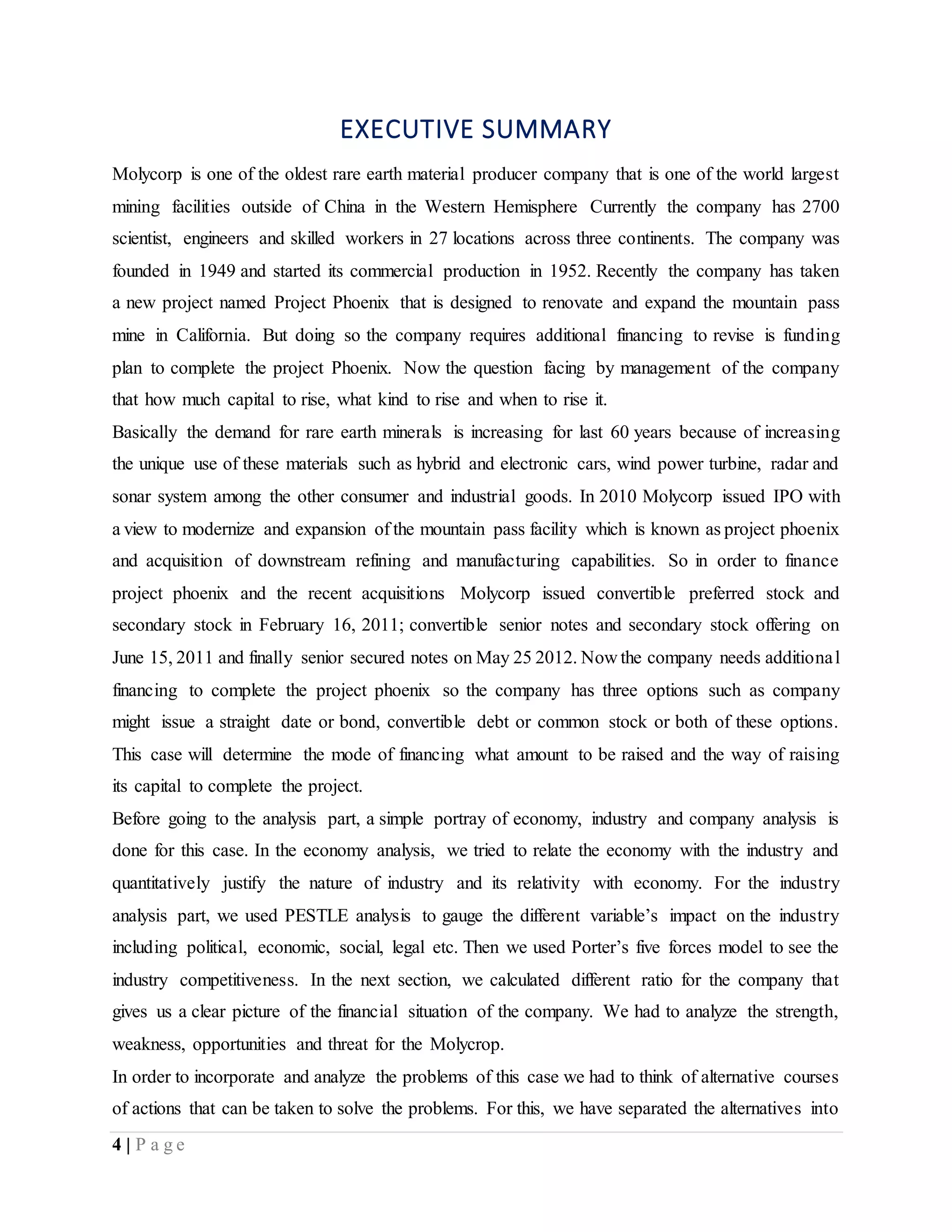 Case Analysis of Molycorp: Financing the Production of Rare Earth ...