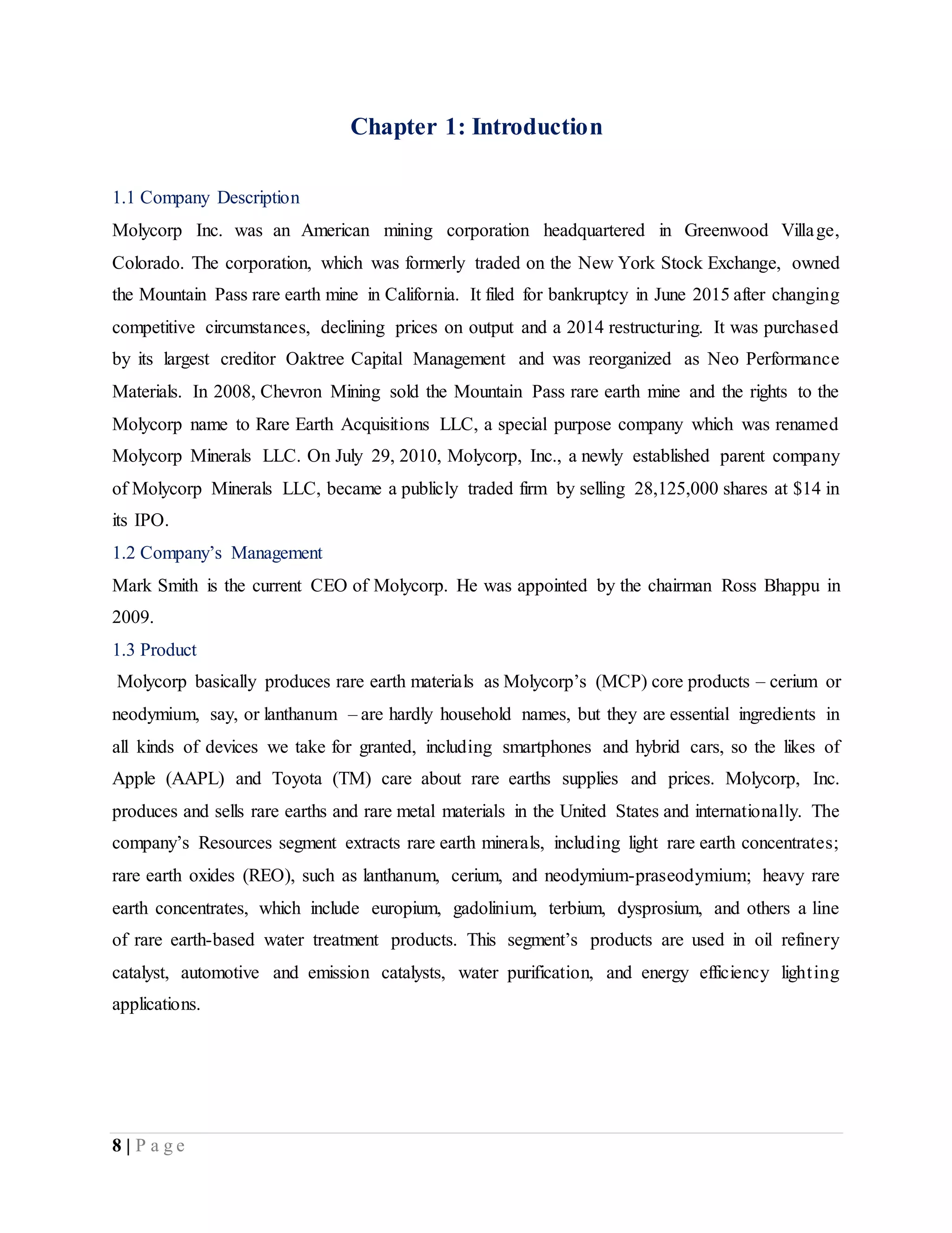 Case Analysis of Molycorp: Financing the Production of Rare Earth ...