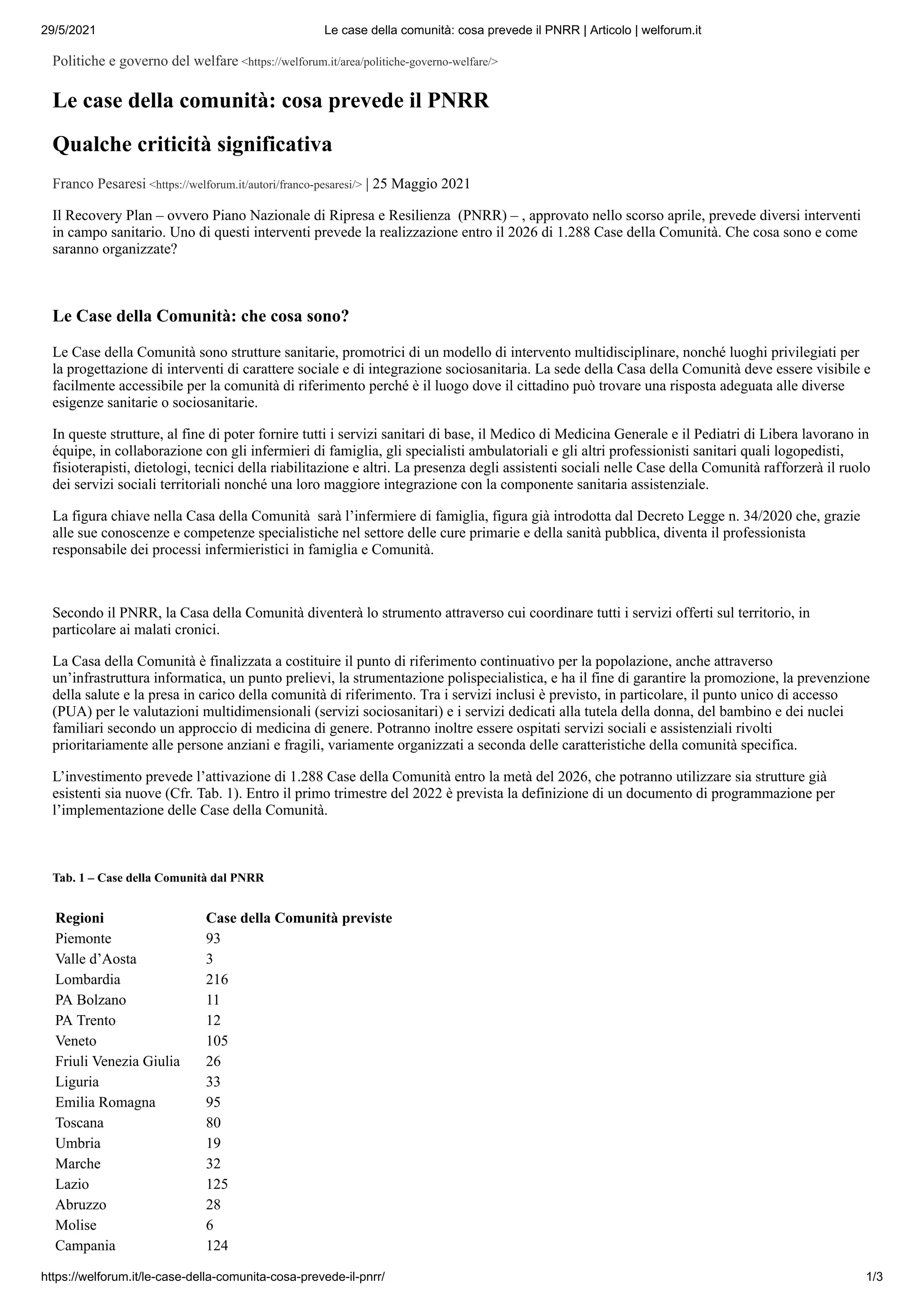 LE CASE DELLA COMUNITA': COSA PREVEDE IL PNRR | PDF