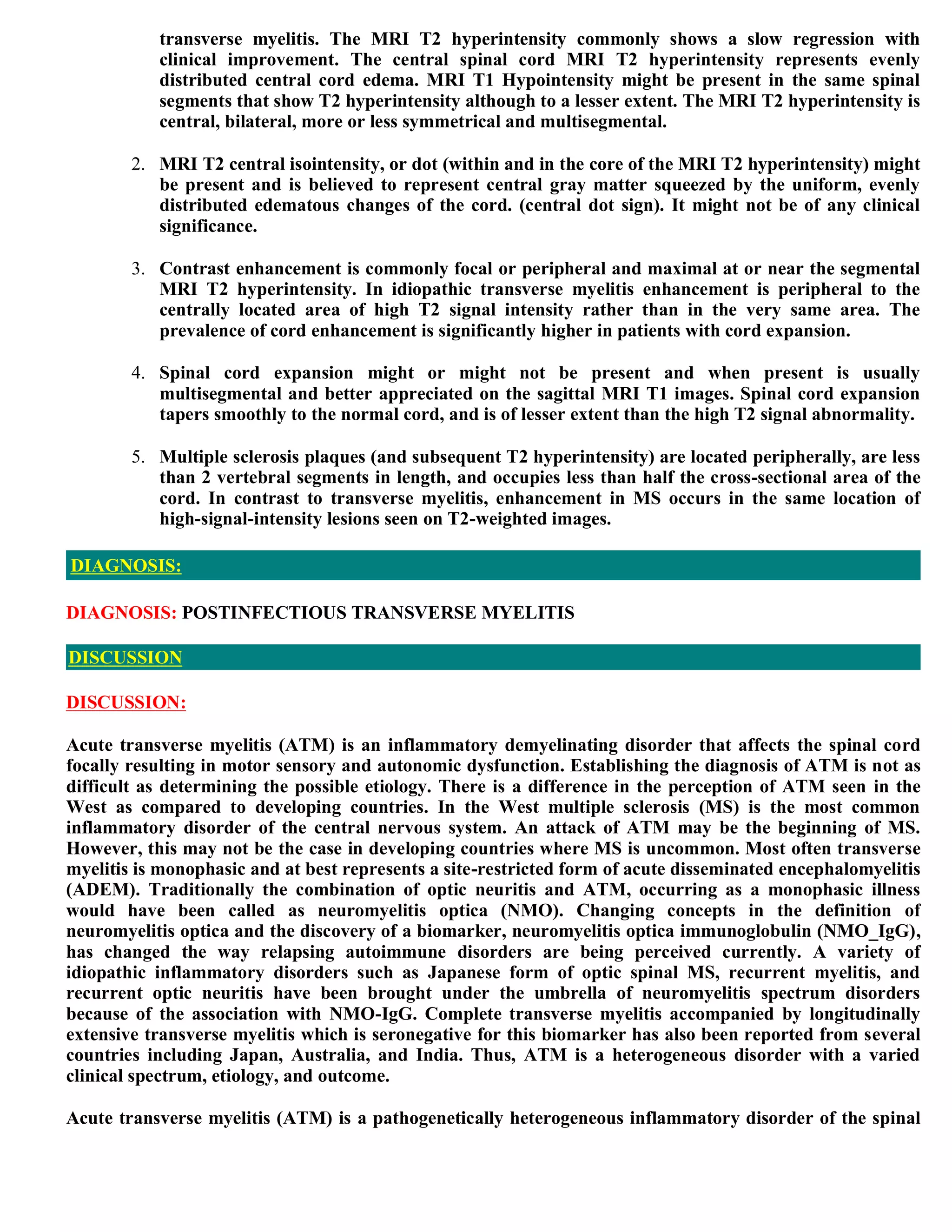 Case record...Acute postinfectious transverse myelitis (Transverse ...