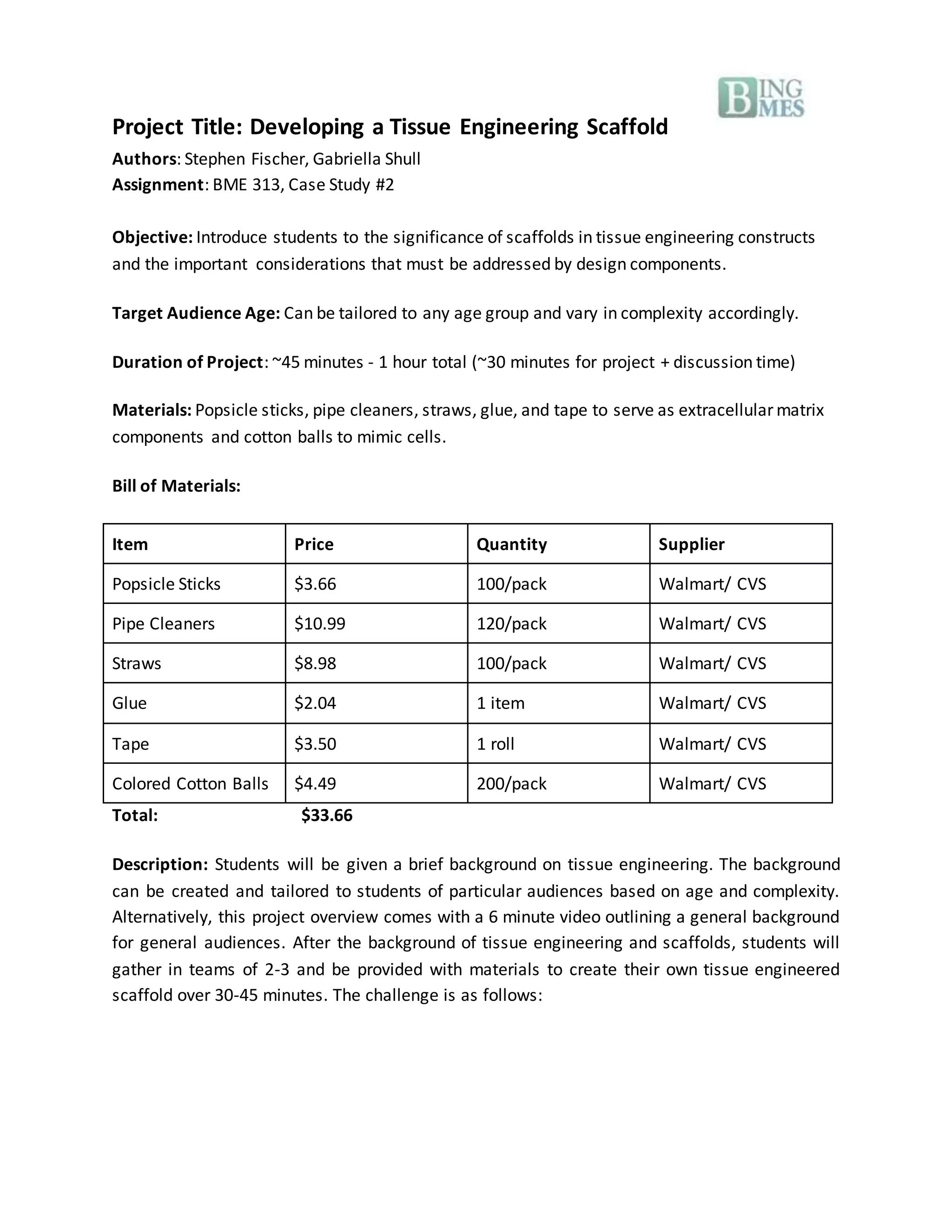 Tissue Engineering Scaffold Activity | DOCX