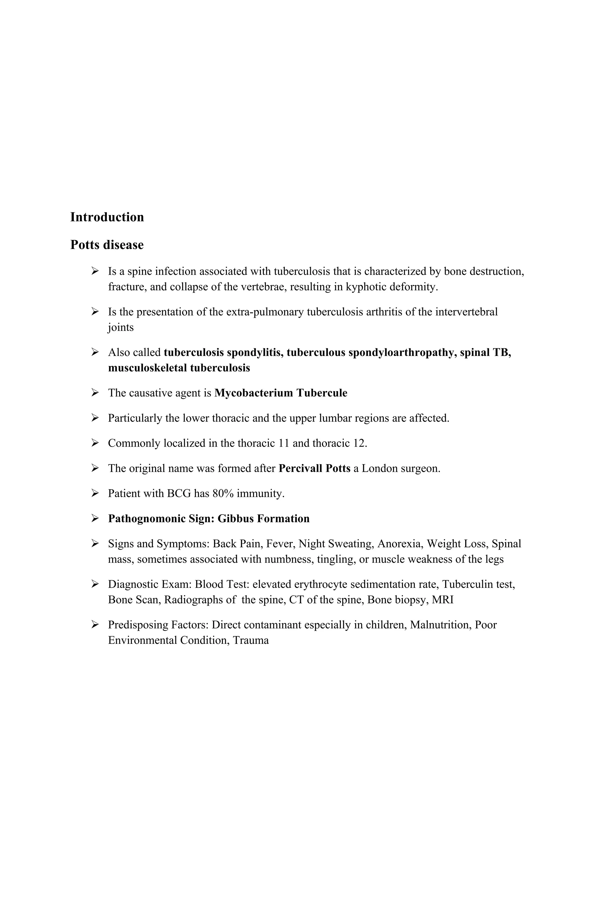 Nursing Case study potts disease | DOC
