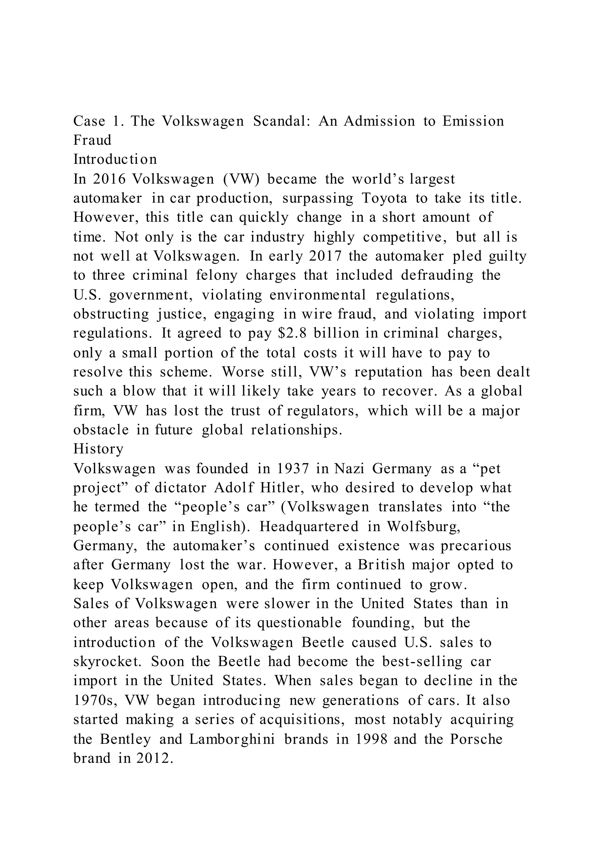 Case 1. the volkswagen scandal an admission to emission fraud i | DOCX