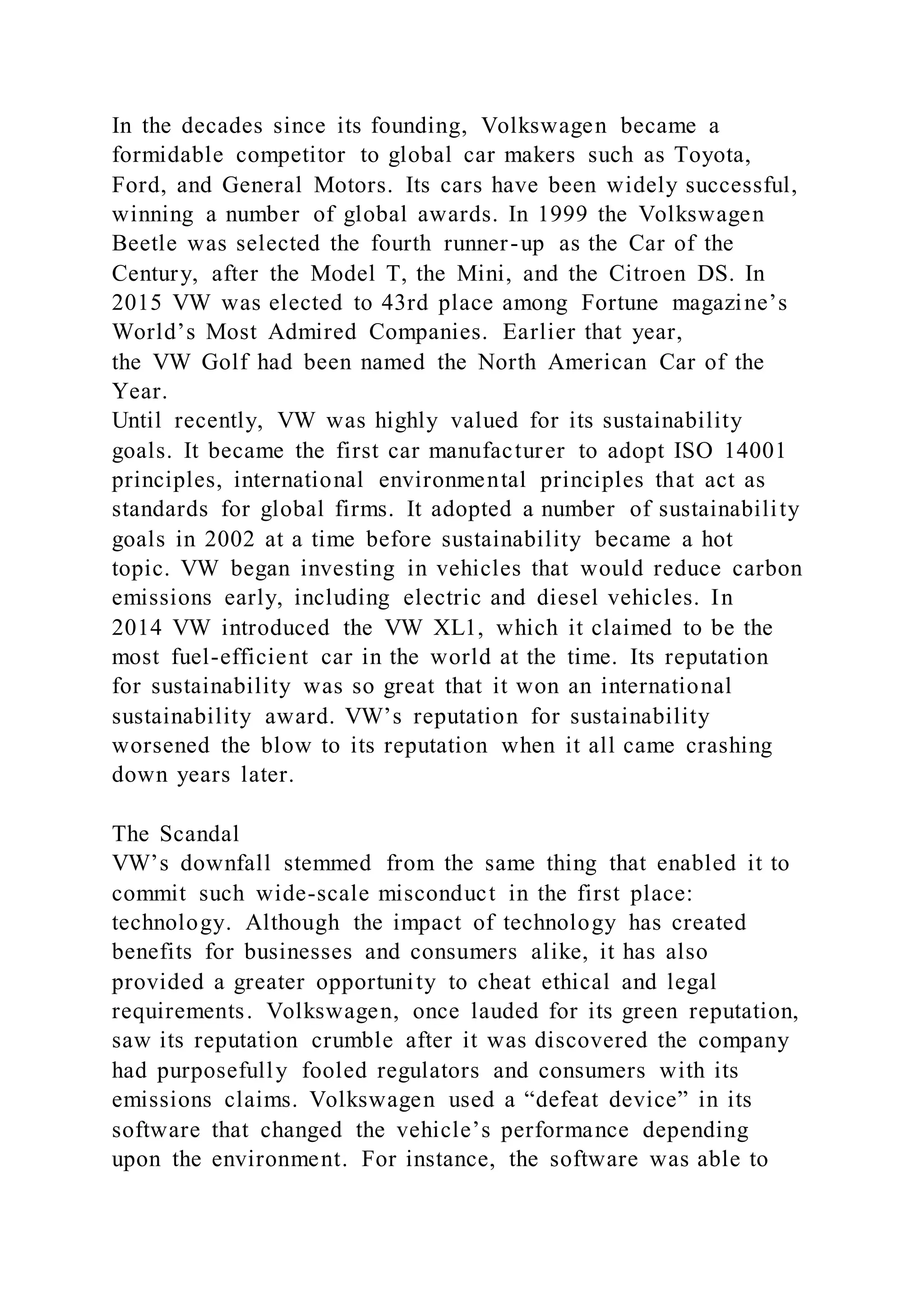 Case 1. the volkswagen scandal an admission to emission fraud i | PDF