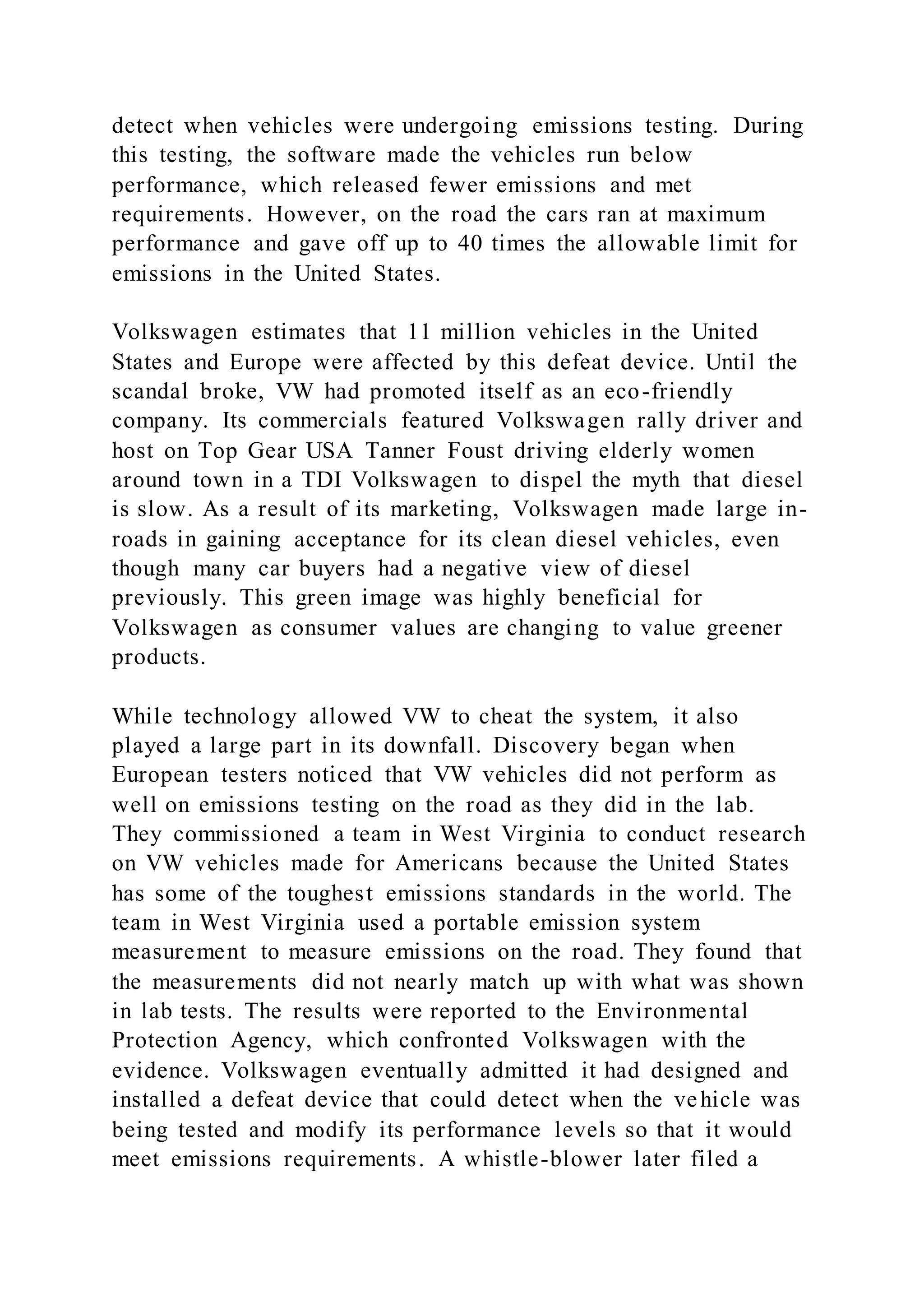 Case 1. the volkswagen scandal an admission to emission fraud i | DOCX