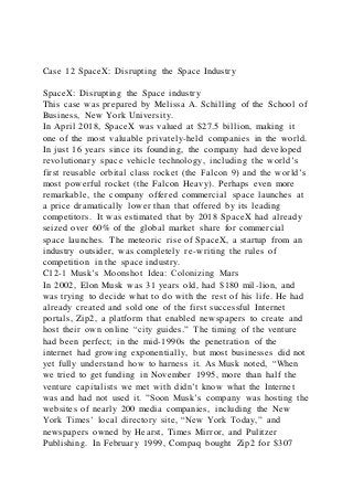 Case 12 SpaceX Disrupting the Space IndustrySpaceX Disruptin | DOCX