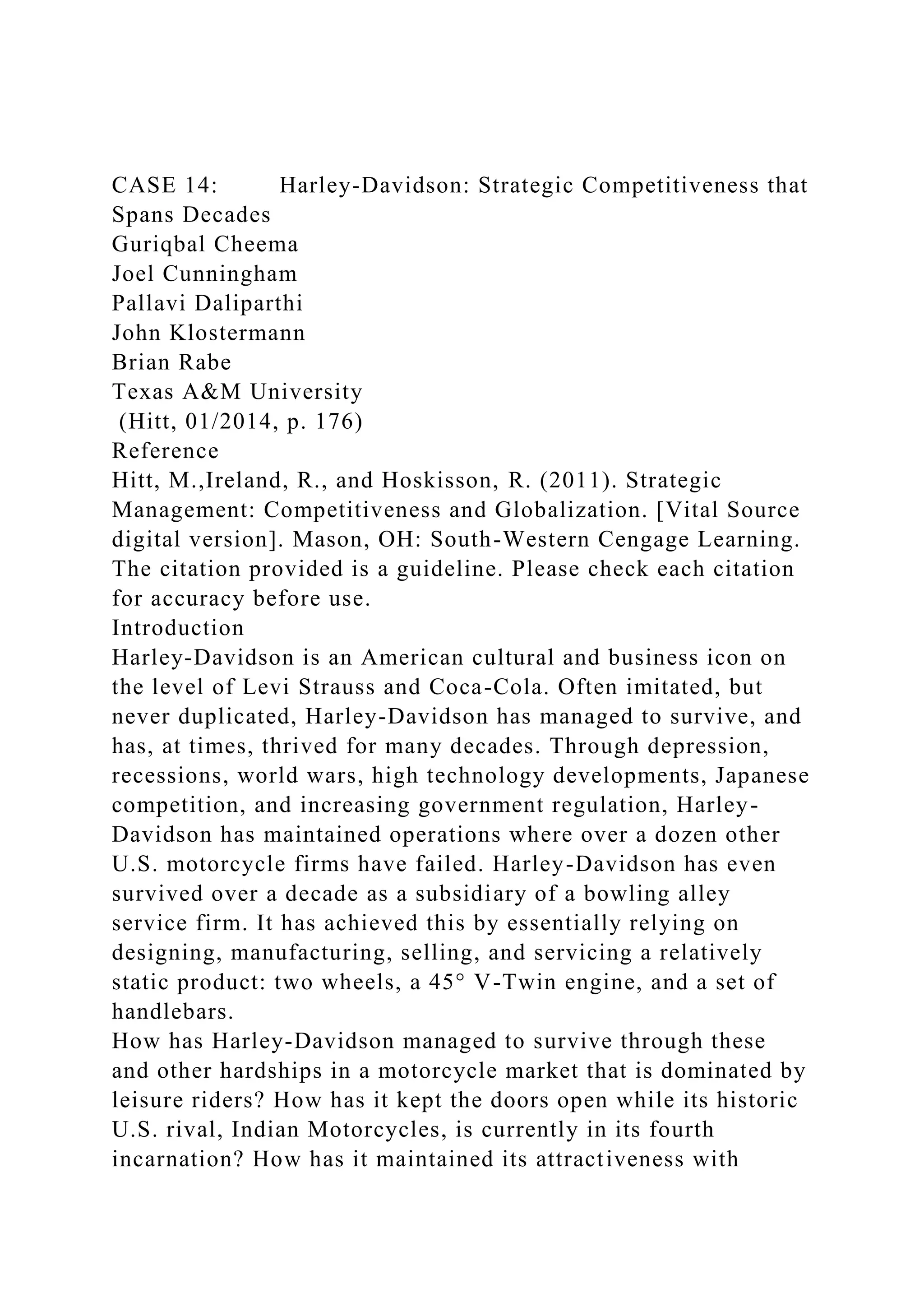 CASE 14 Harley-Davidson Strategic Competitiveness that Spans De.docx
