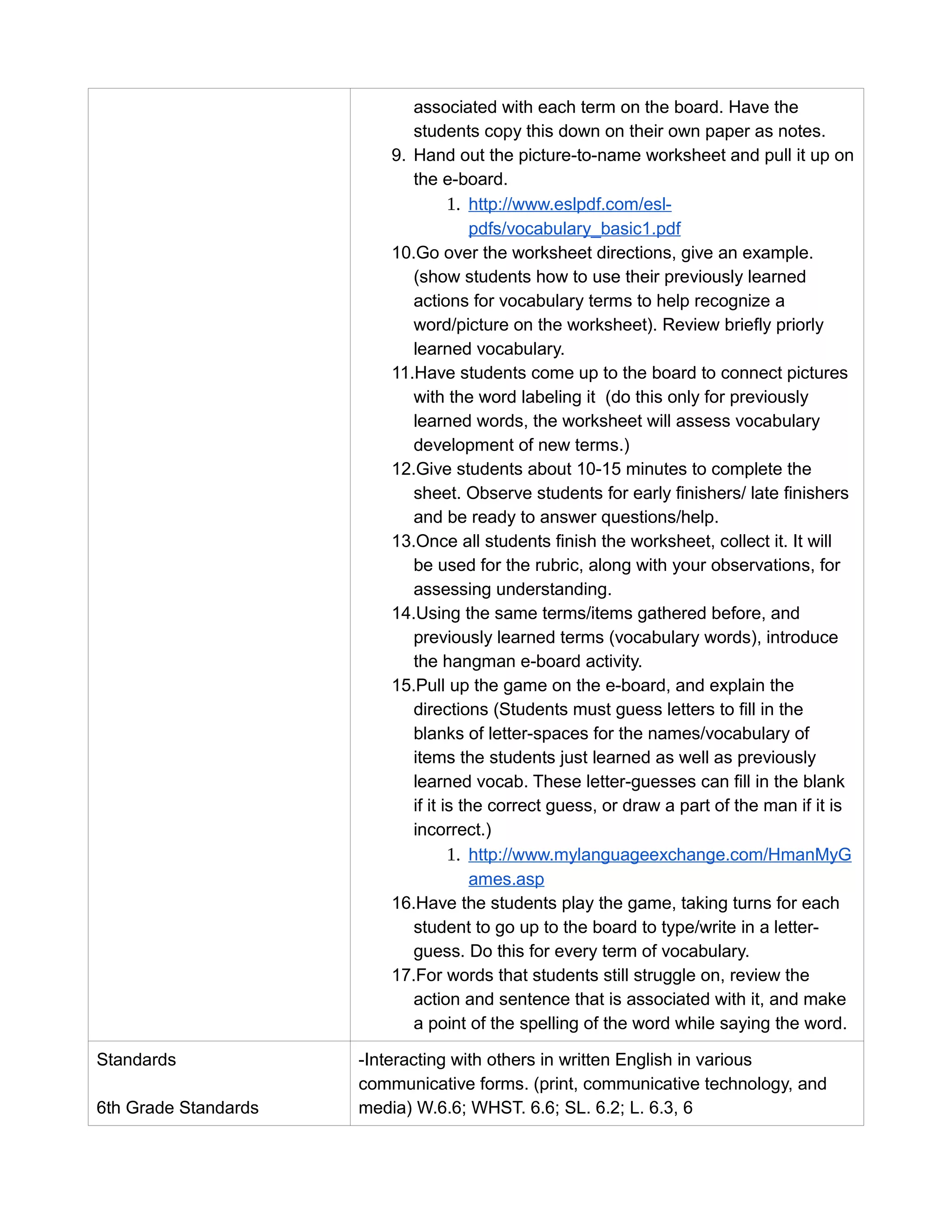 ELL Vocabulary Lesson 6-7th Grades | PDF