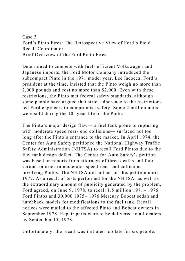 Case 3 Ford’s Pinto Fires The Retrospective View of Ford’s Fiel.docx ...