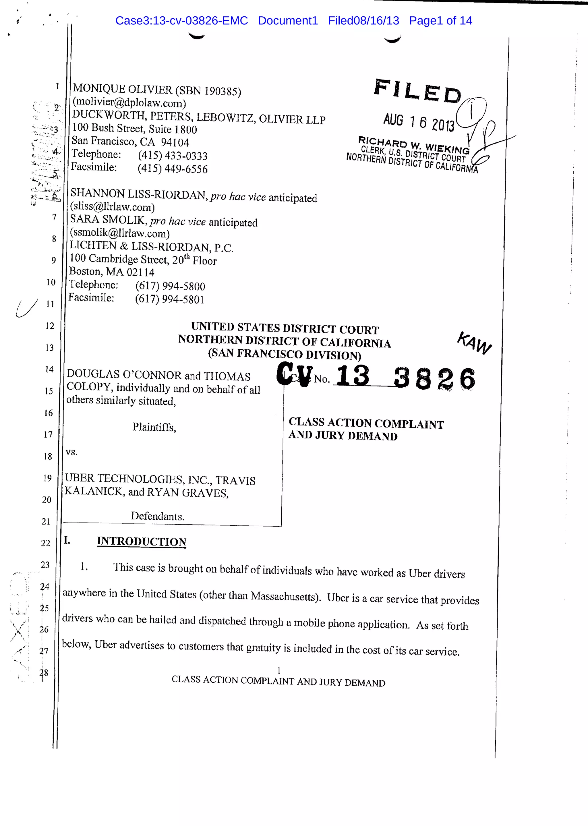 Uber Lawsuit Documents: Case6 b-o-connor-colopy-v-uber | PDF | Law