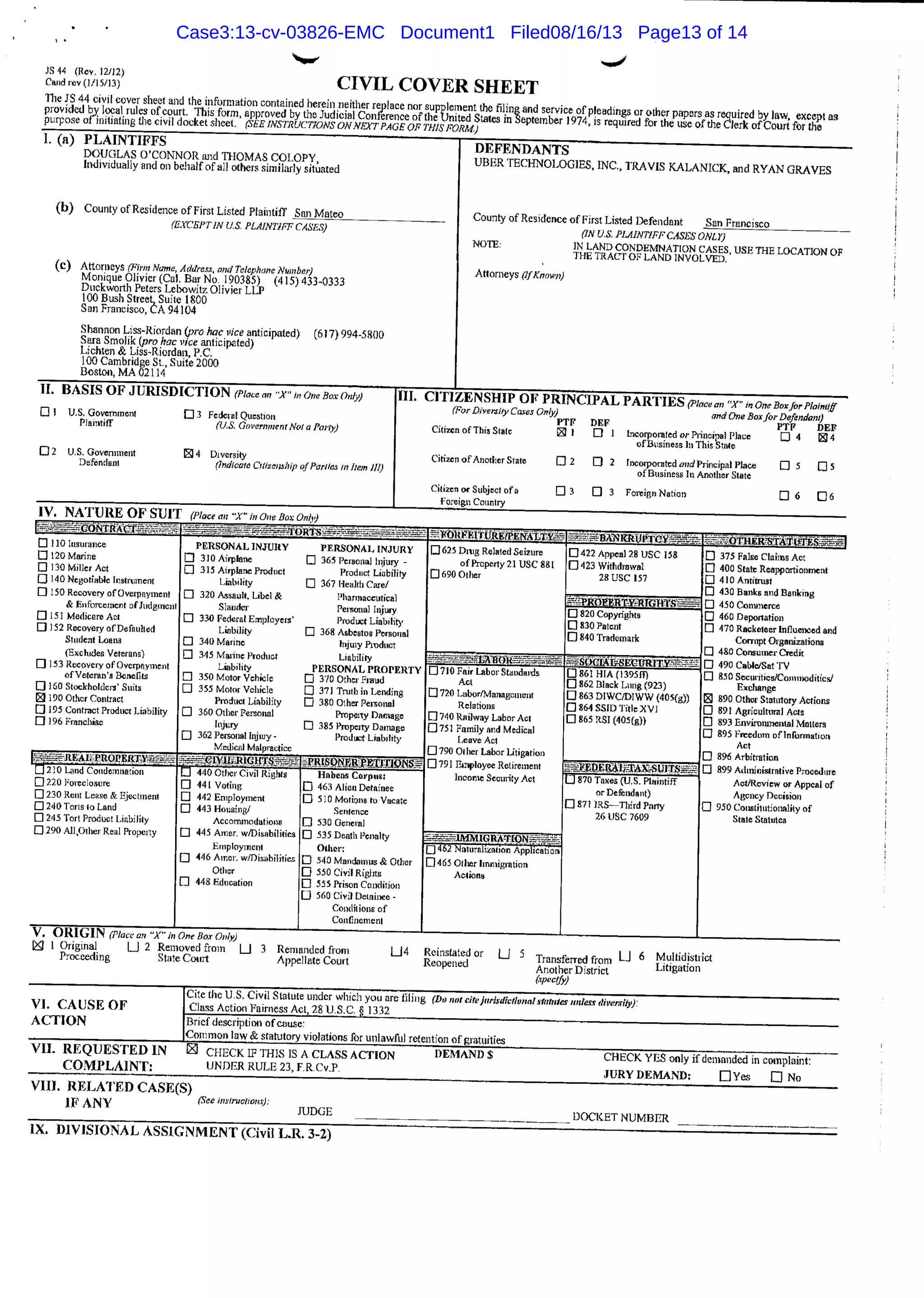 Uber Lawsuit Documents: Case6 b-o-connor-colopy-v-uber | PDF | Law