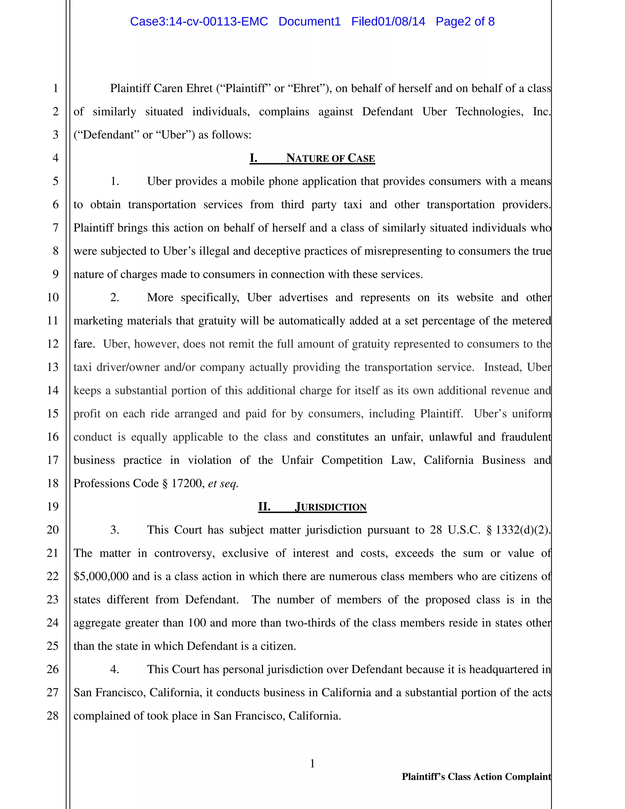 Uber Lawsuit Documents: Case7 b-caren-ehret-v-uber-tips | PDF