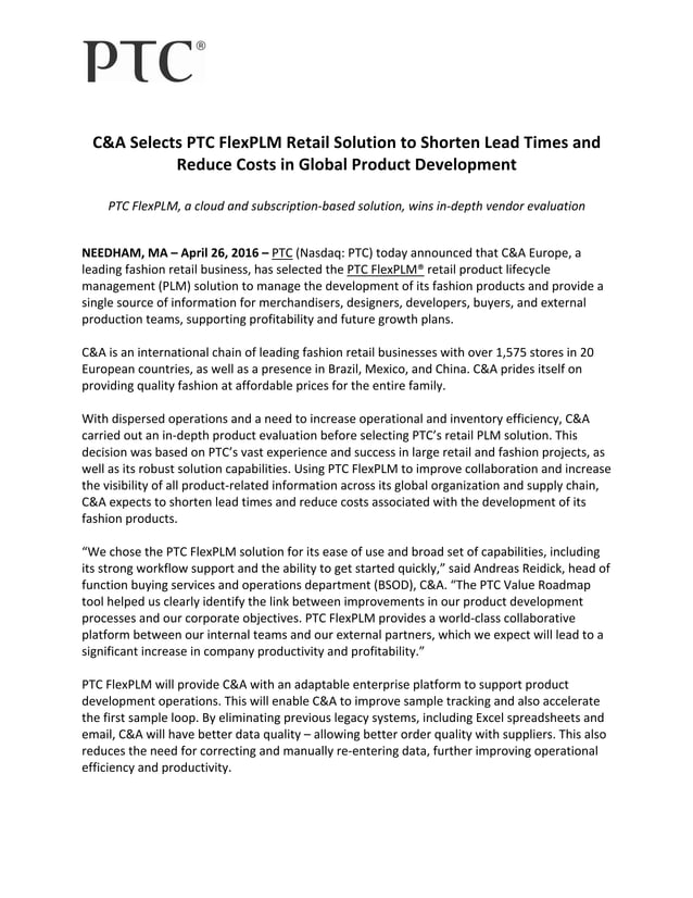 C&A Selects PTC FlexPLM Retail Solution to Shorten Lead Times and ...