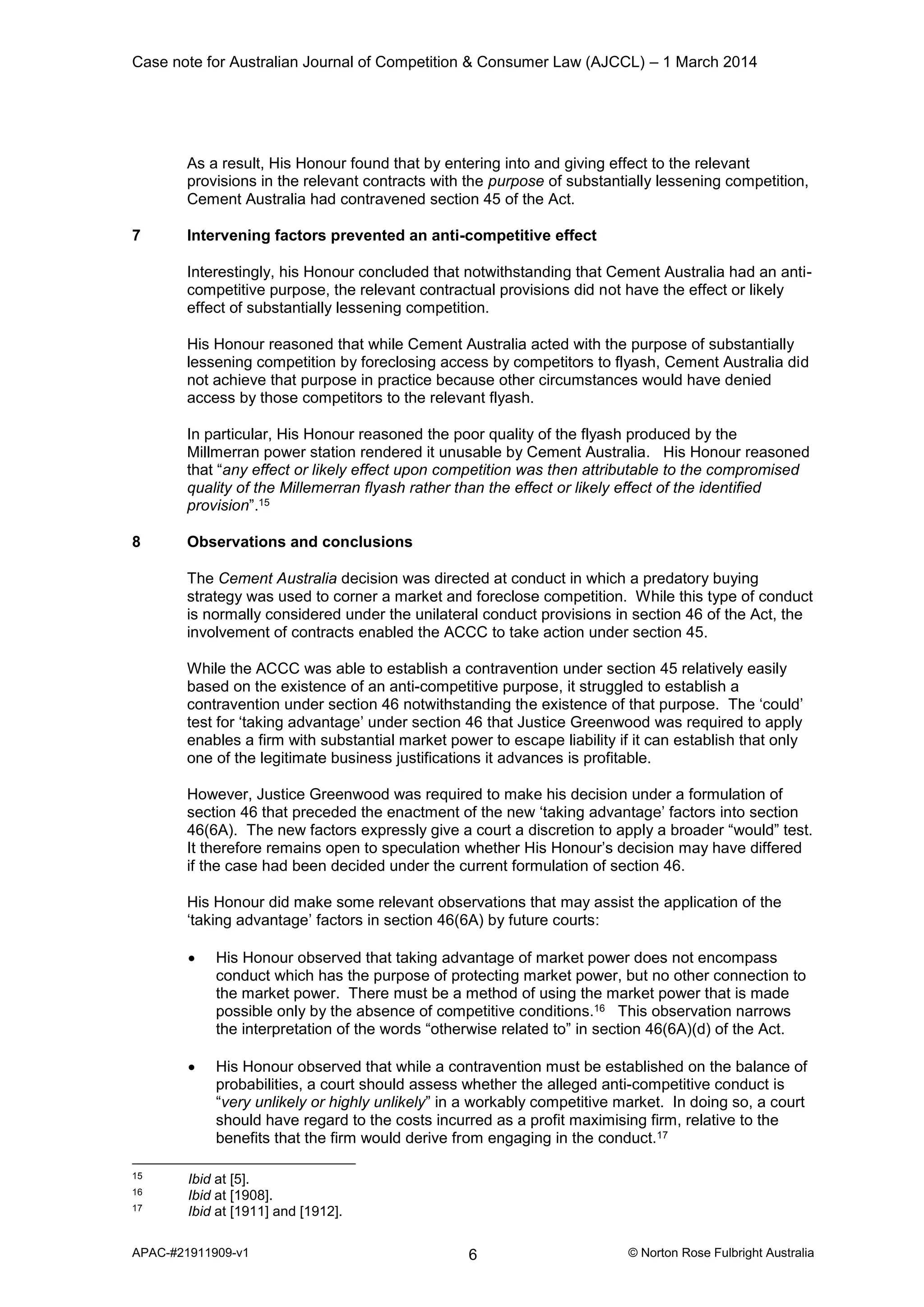 Predatory buying to corner a market: ACCC v Cement Australia | DOCX