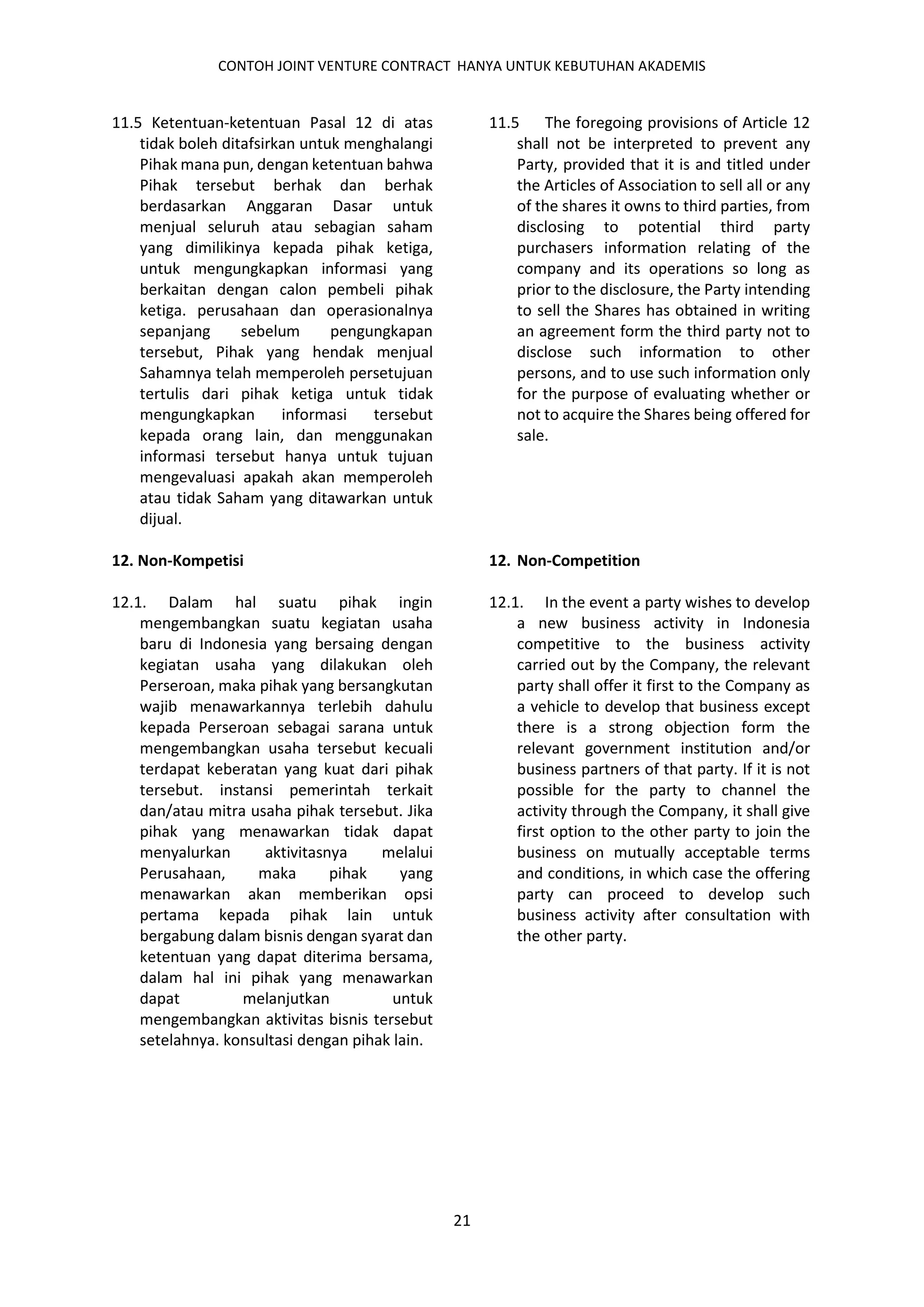 JOINT VENTURE AGREEMENT - PERJANJIAN USAHA PATUNGAN | PDF