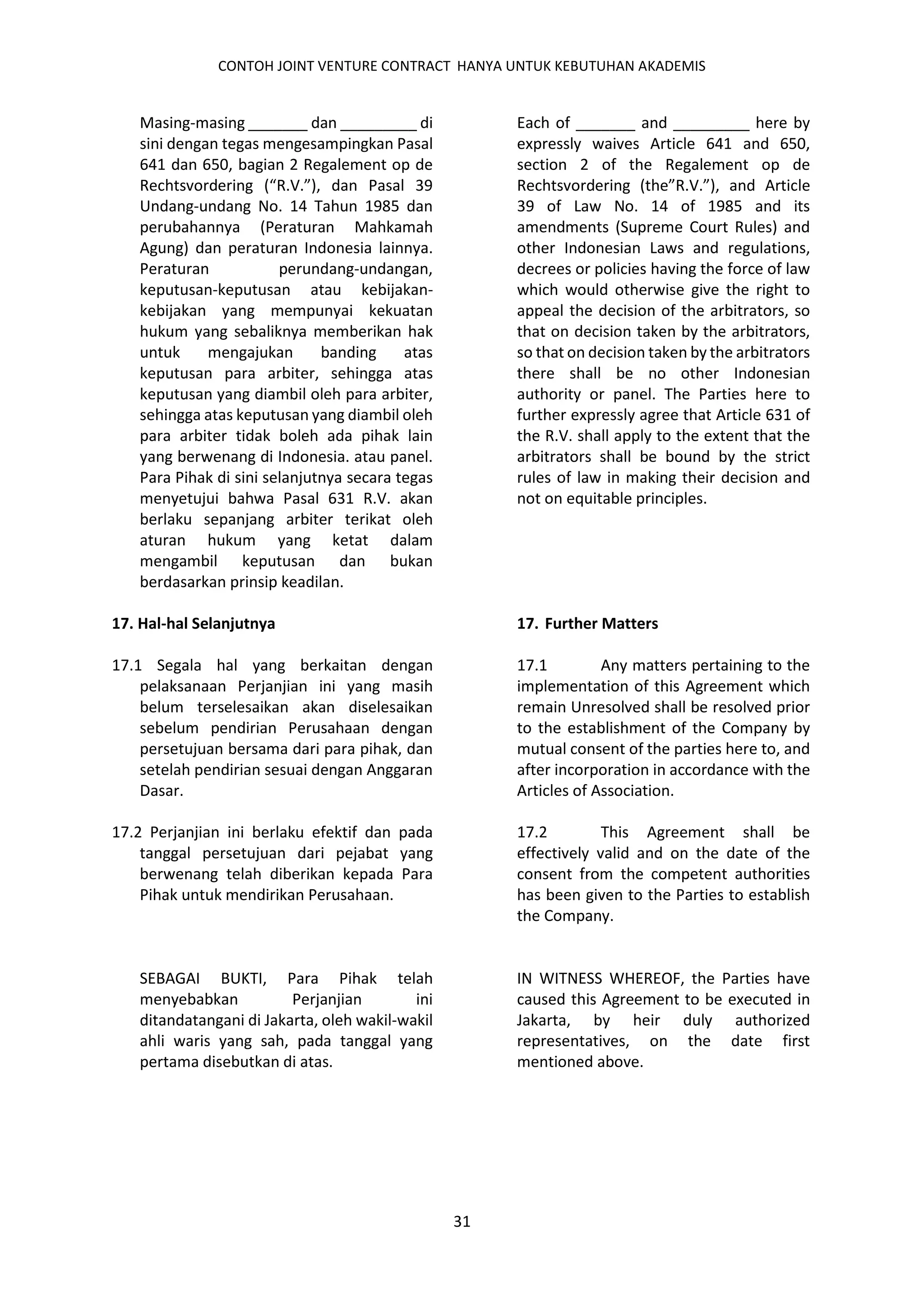 JOINT VENTURE AGREEMENT - PERJANJIAN USAHA PATUNGAN | PDF