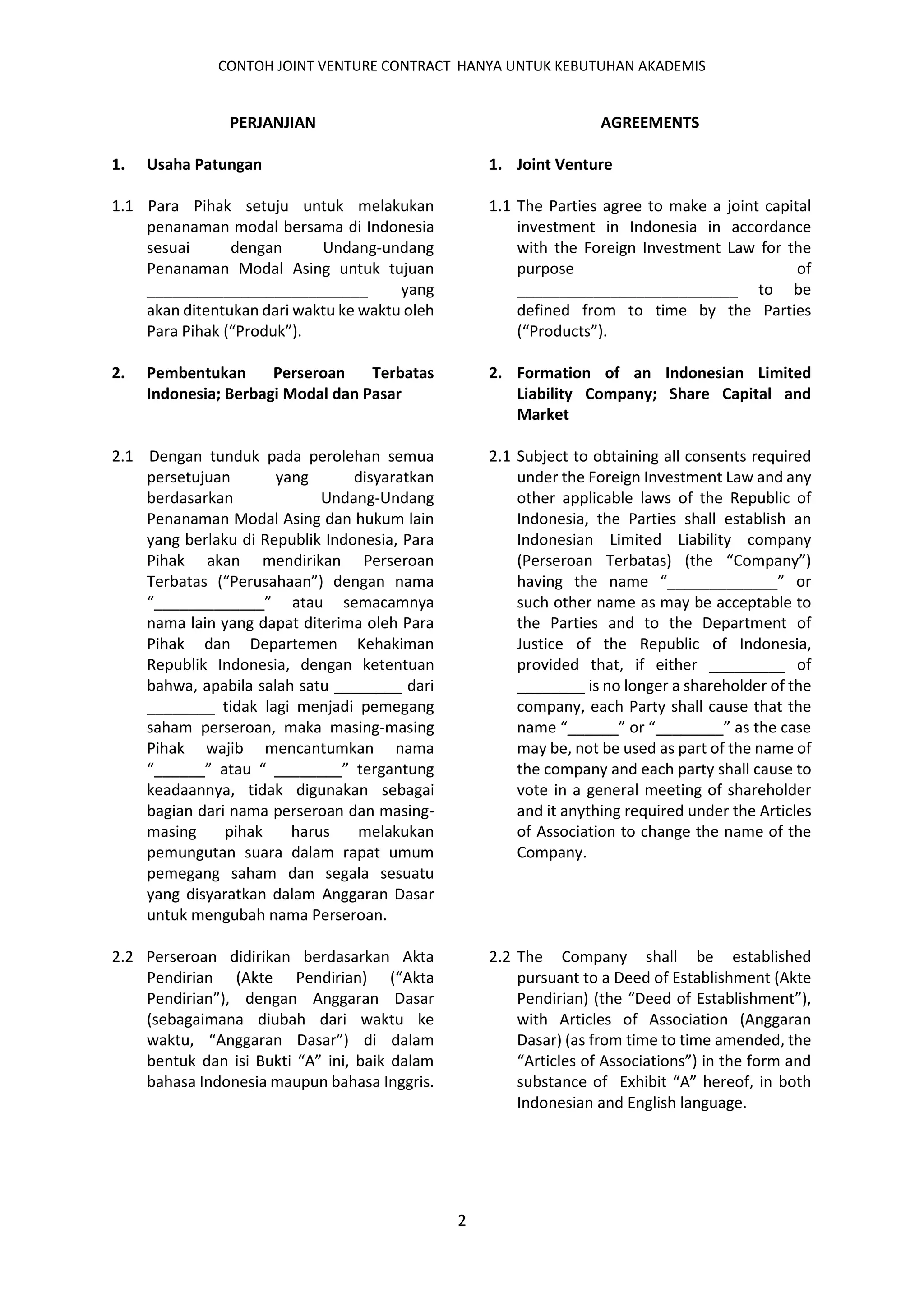 JOINT VENTURE AGREEMENT - PERJANJIAN USAHA PATUNGAN | PDF