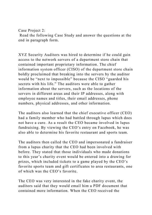 Case Project 2 Read the following Case Study and answer the que | PDF