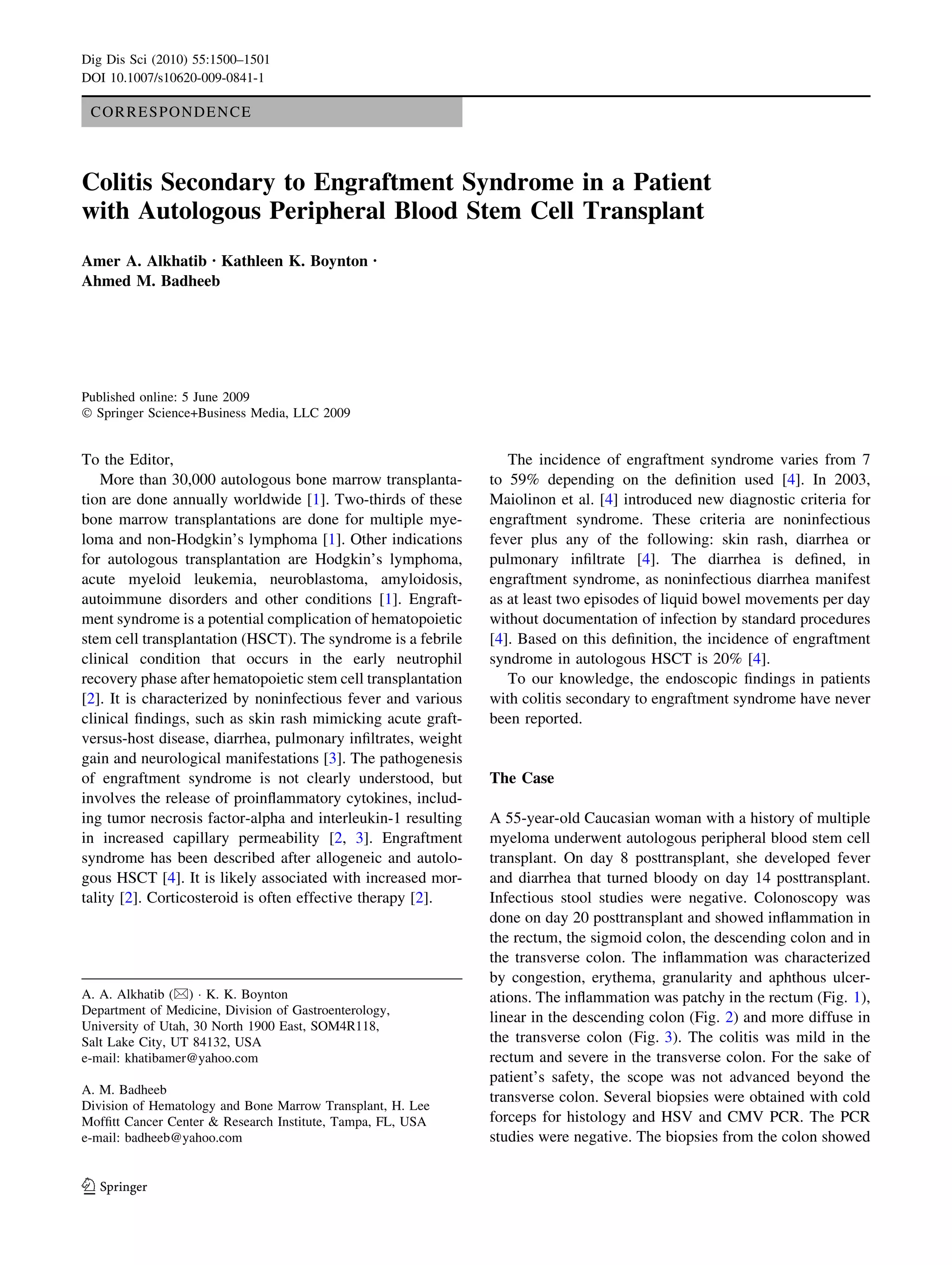 Colitis secondary to engraftment syndrome post ABMT | PDF