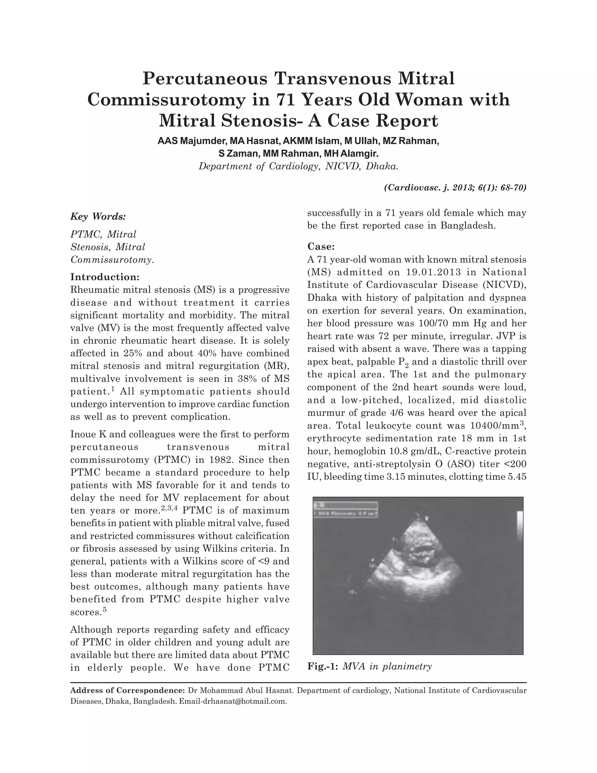 Percutaneous Transvenous Mitral Commissurotomy in 71 Years Old Woman ...