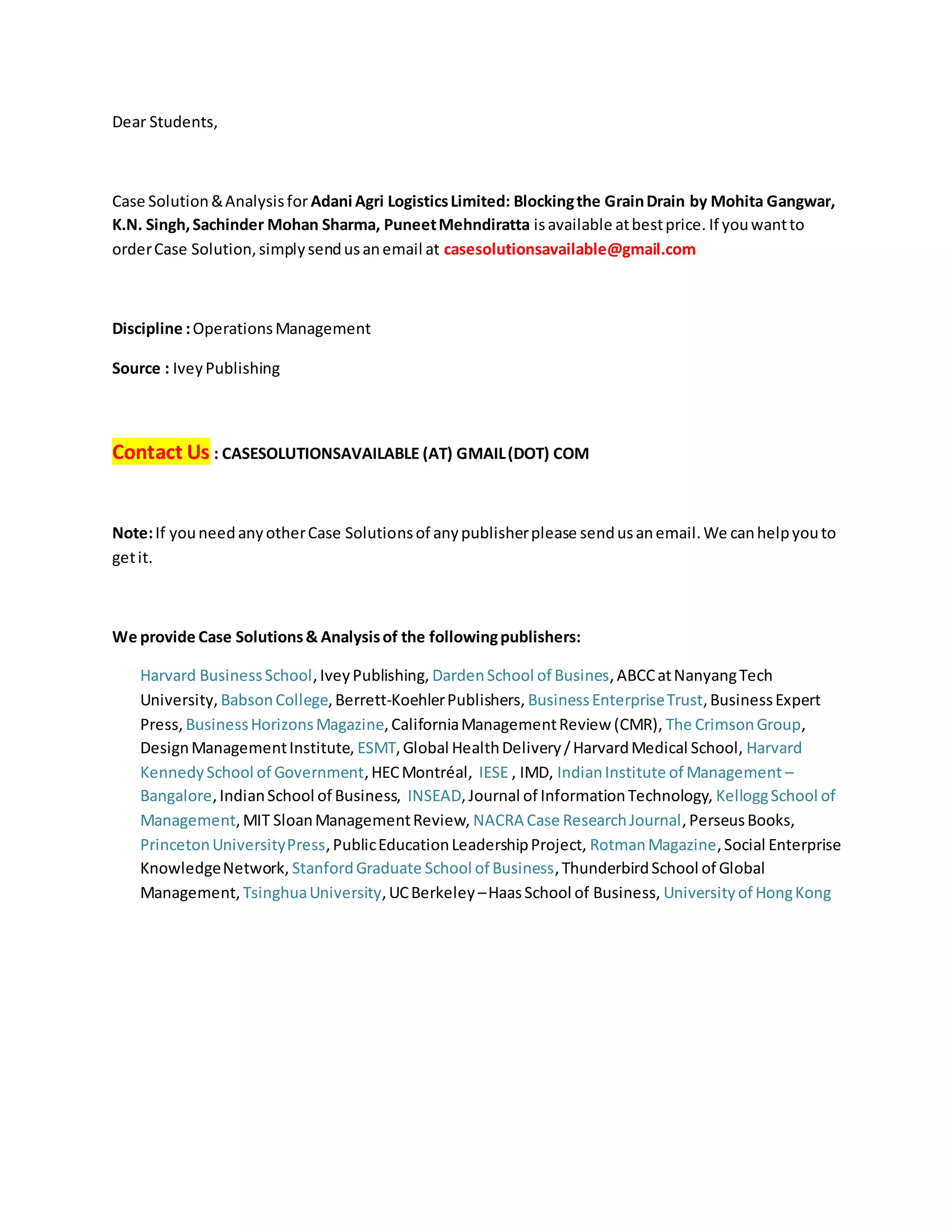 Case Solution for Adani Agri Logistics Limited: Blocking the Grain ...