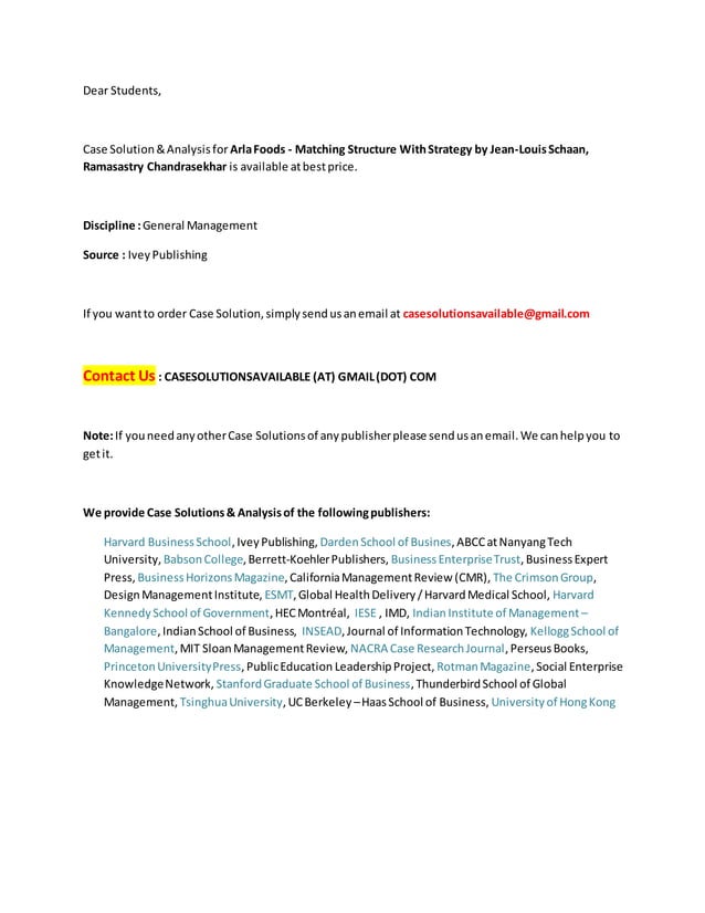 Case Solution for Arla Foods - Matching Structure With Strategy | DOCX