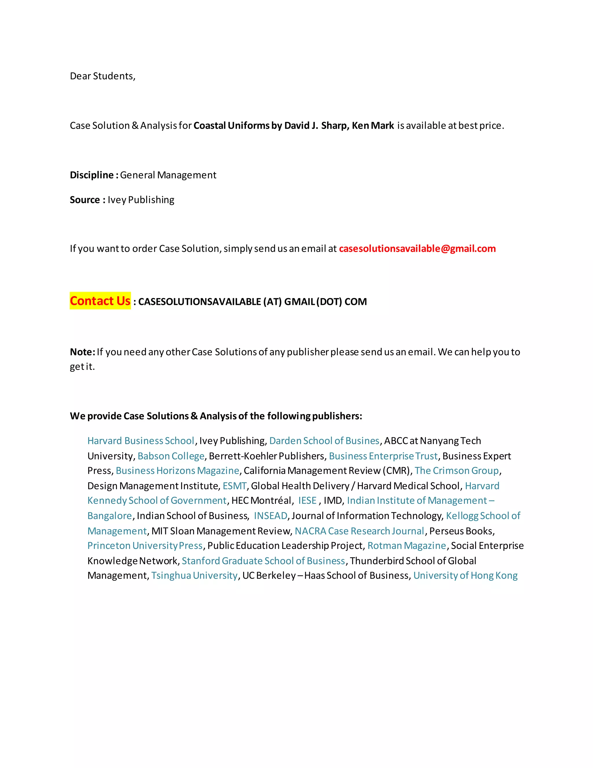 Case Solution for Coastal Uniforms | PDF