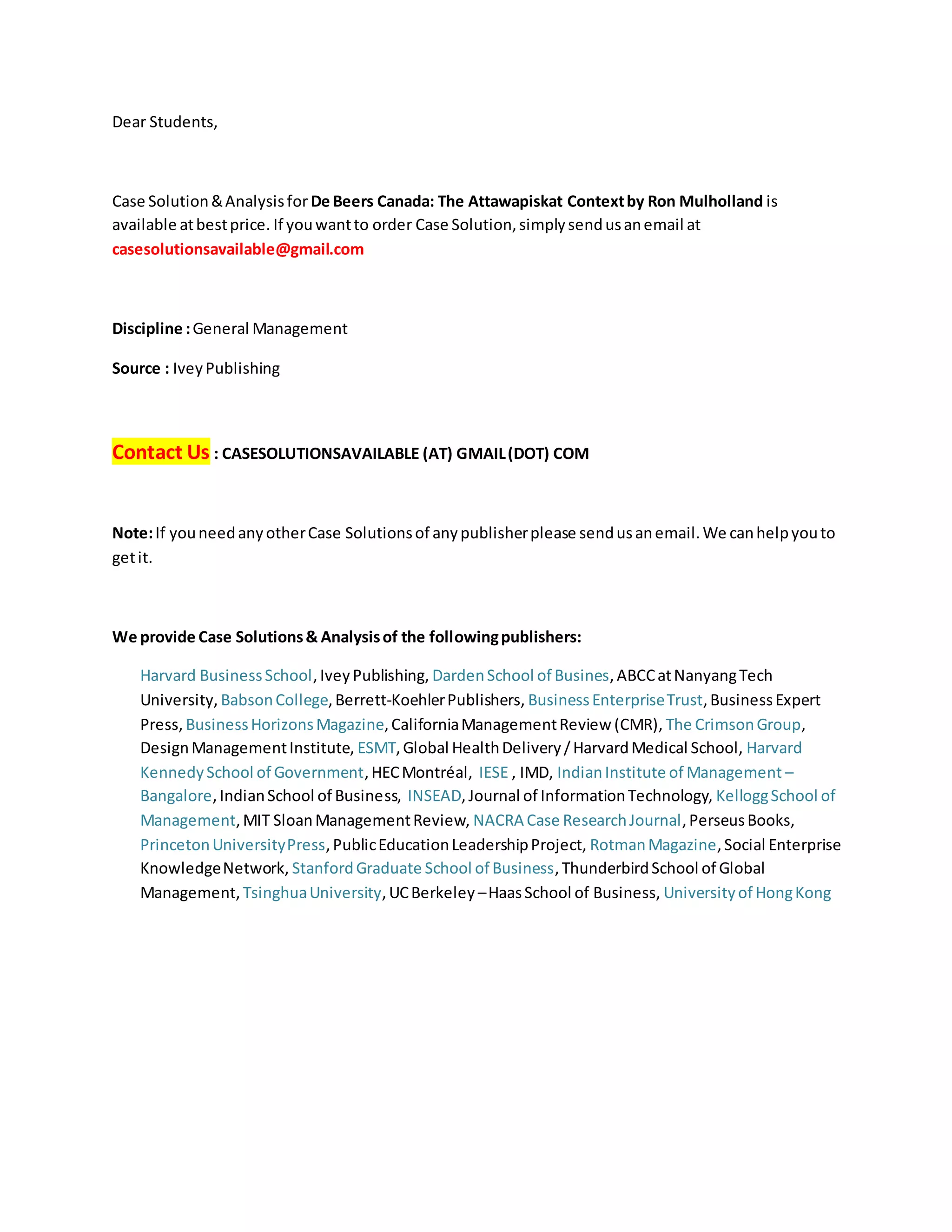 Case Solution for De Beers Canada: The Attawapiskat Context | DOCX