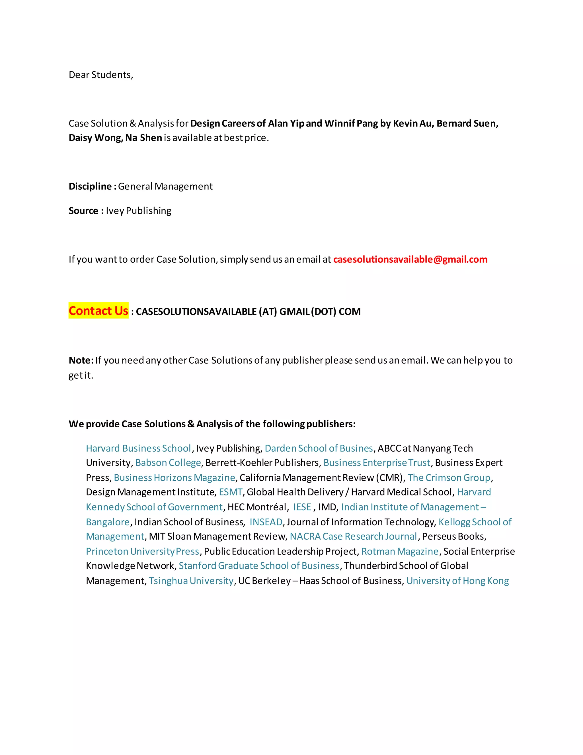 Case Solution for Design Careers of Alan Yip and Winnif Pang | PDF