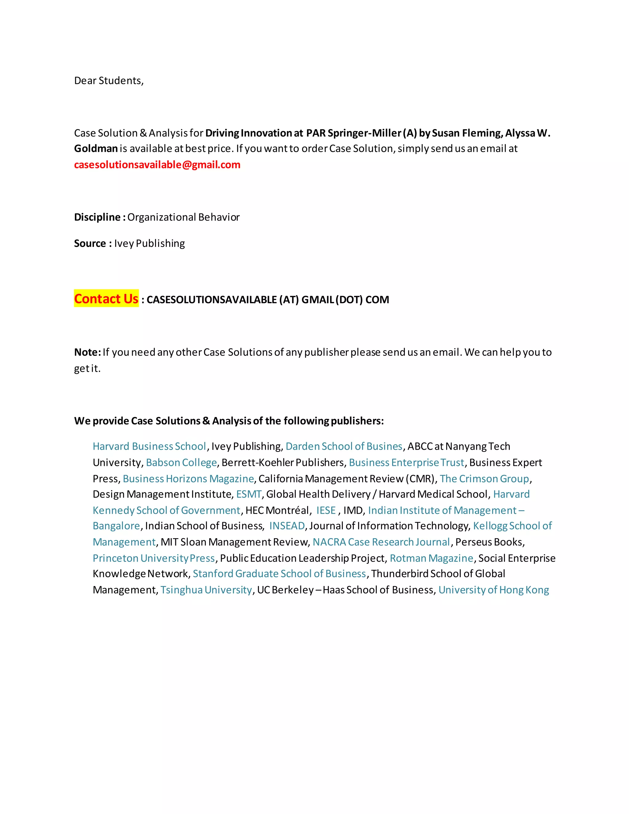 Case Solution for Driving Innovation at PAR Springer-Miller (A) | DOCX ...