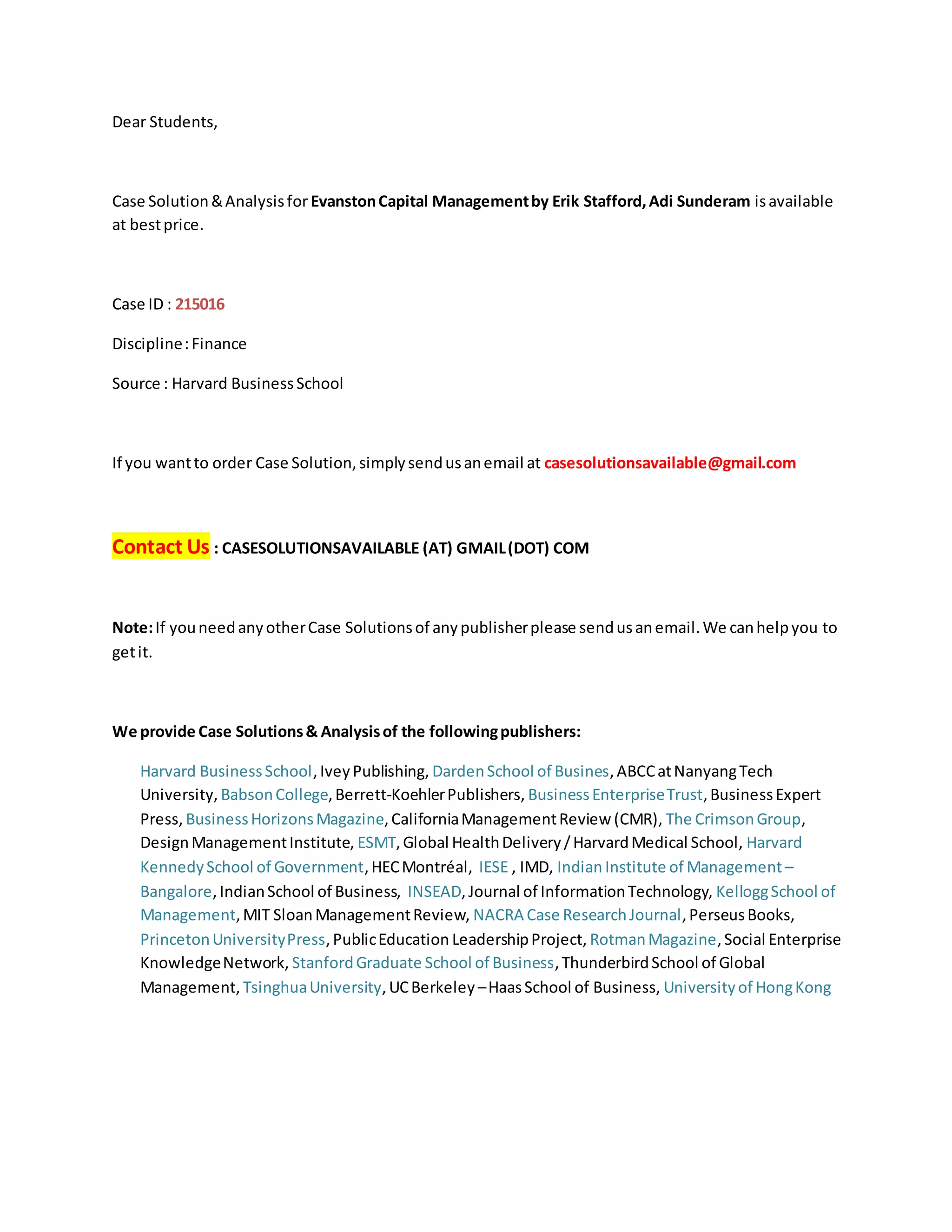 Case Solution for Evanston Capital Management | DOCX