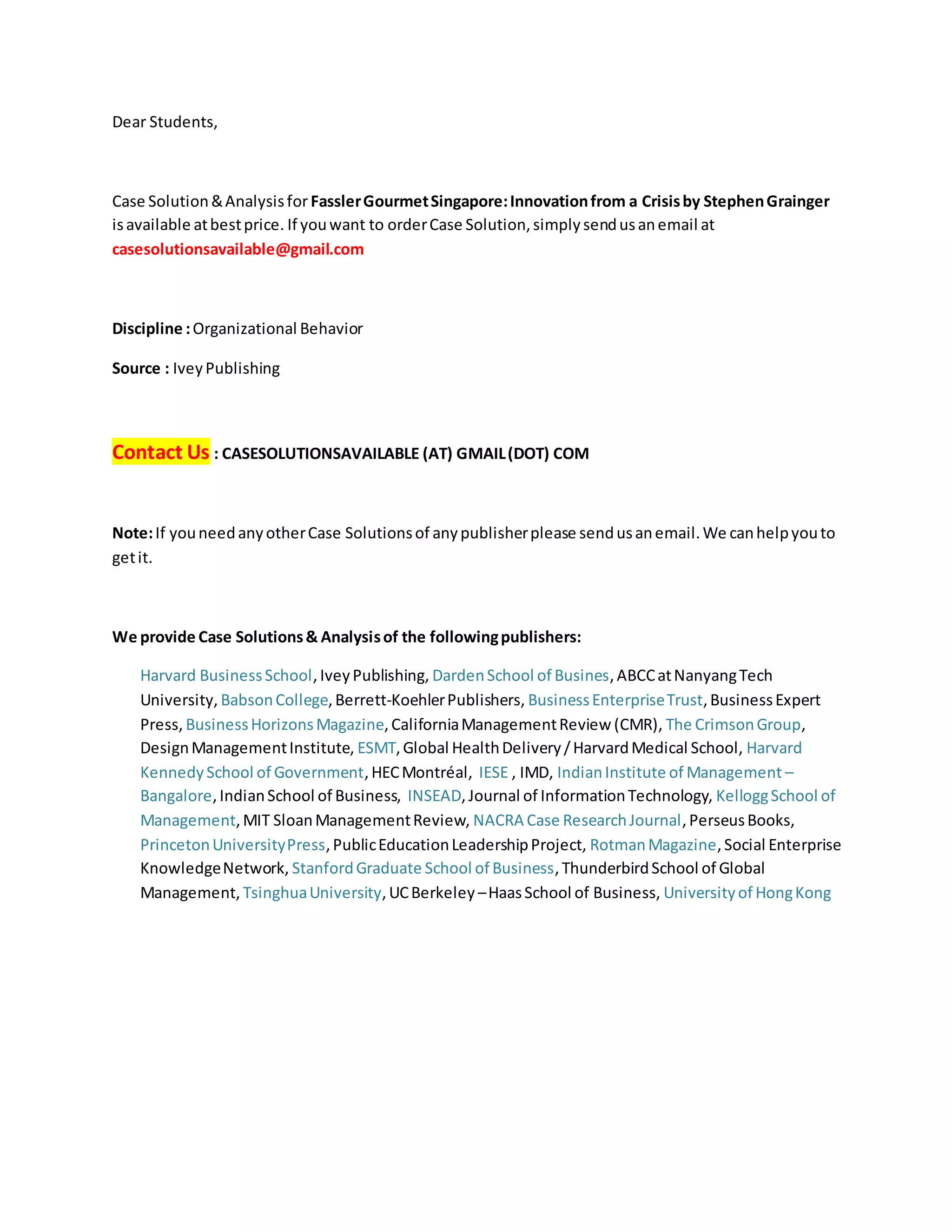 Case Solution for Fassler Gourmet Singapore: Innovation from a Crisis | PDF