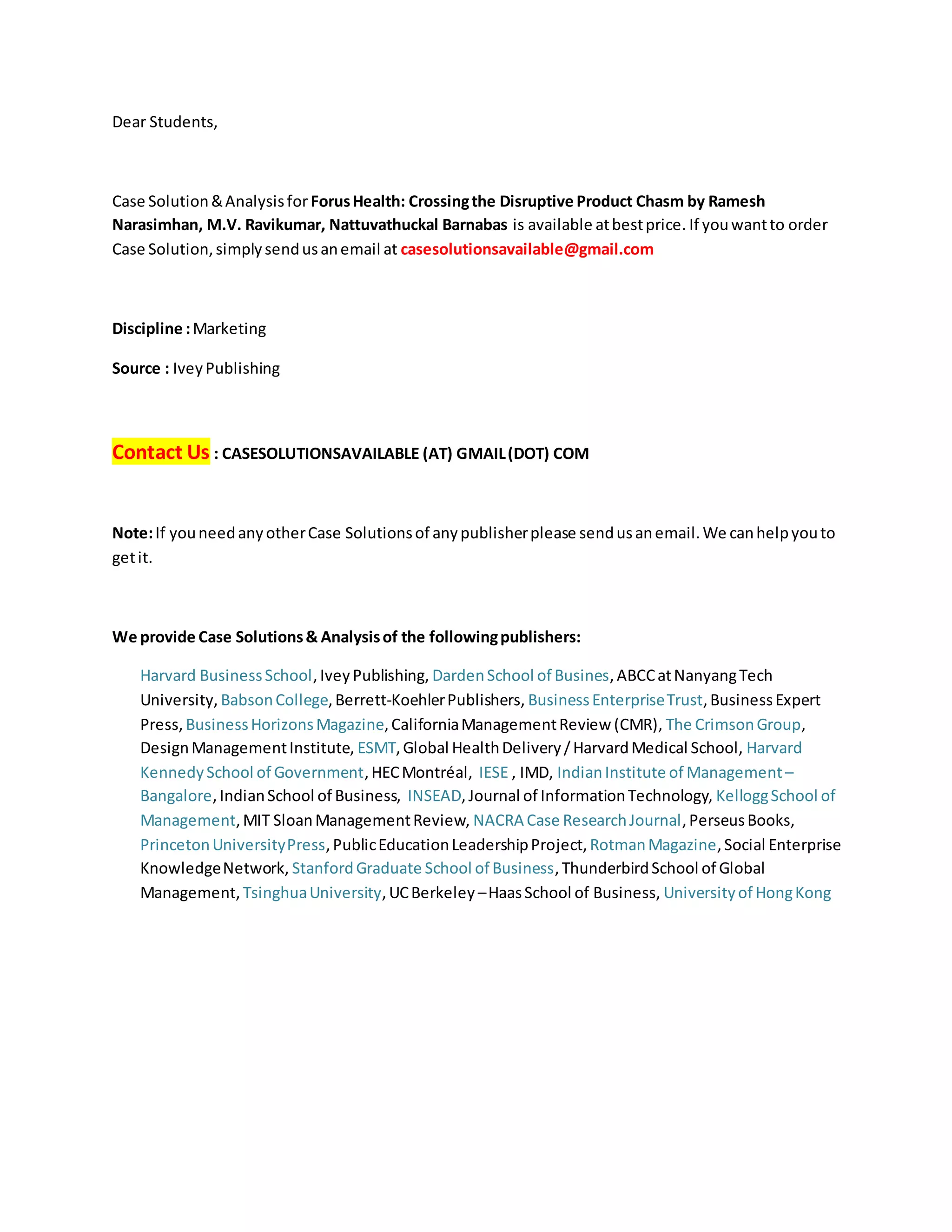 Case Solution for Forus Health: Crossing the Disruptive Product Chasm ...