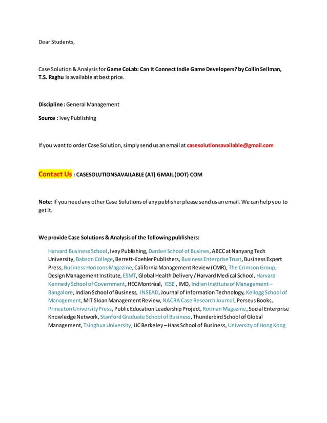 Case Solution for Game CoLab: Can It Connect Indie Game Developers? | PDF